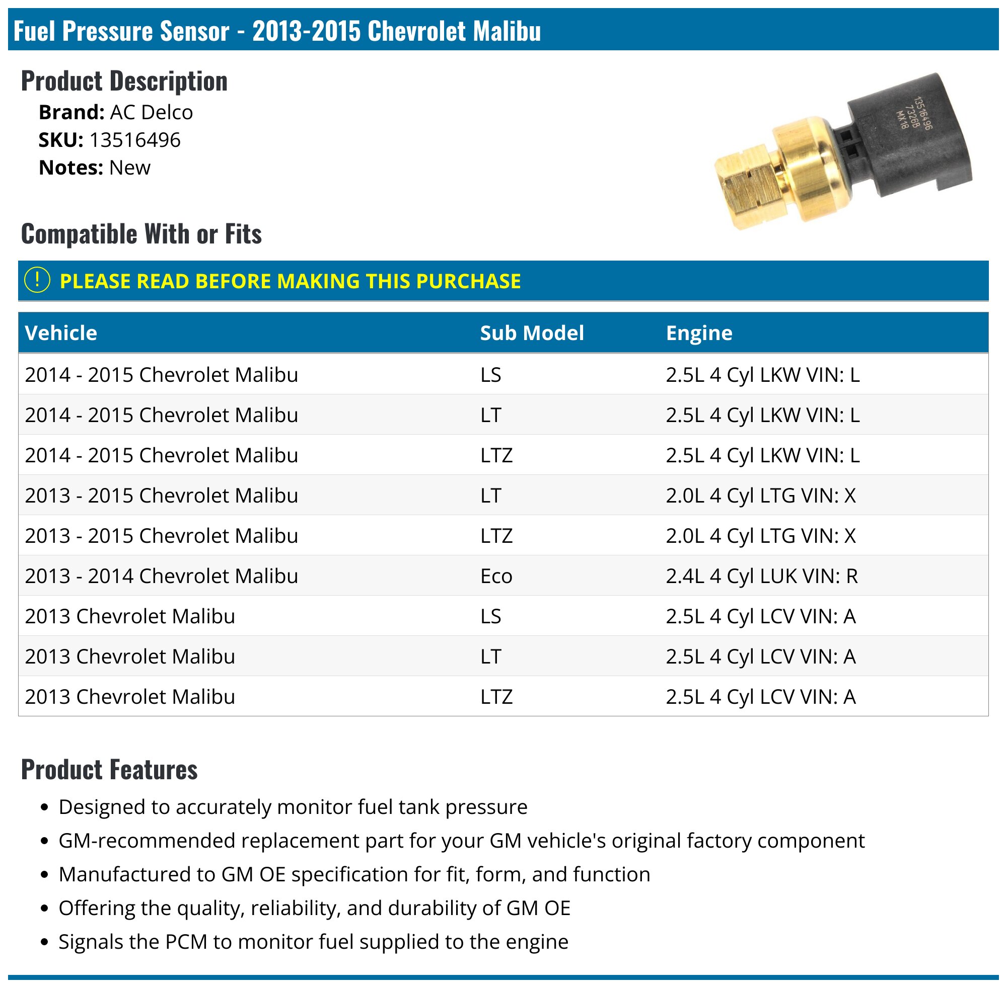2013-2015 Chevrolet Malibu Fuel Pressure Sensor - AC Delco 13516496 ...