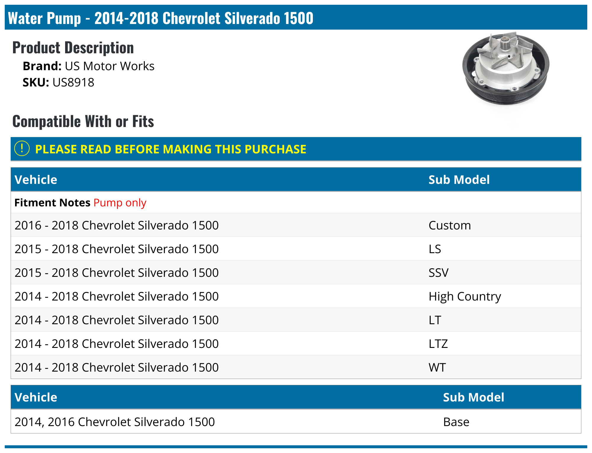 2014-2018 Chevrolet Silverado 1500 Water Pump - US Motor Works US8918 ...