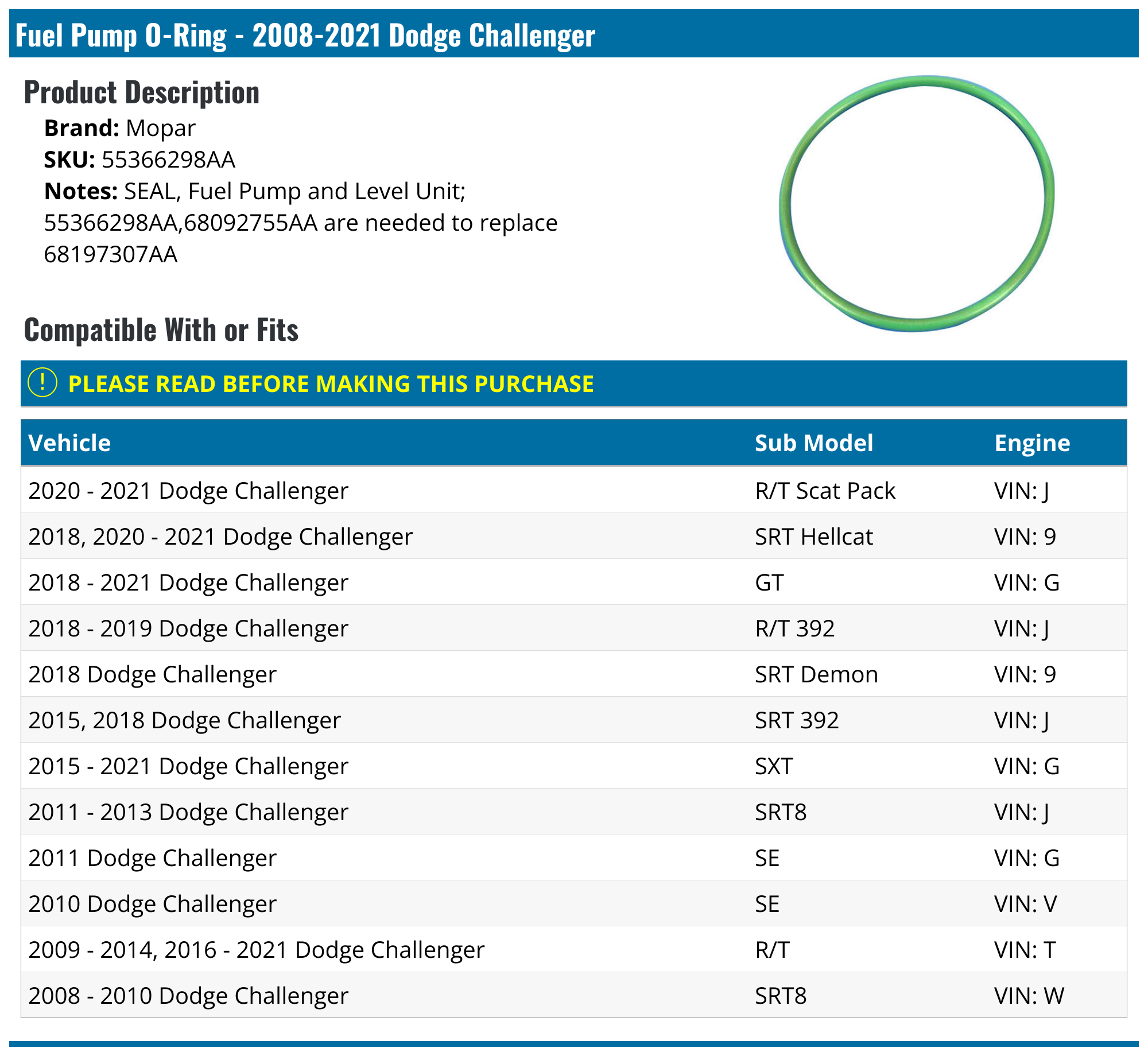 2008-2021 Dodge Challenger Fuel Pump O-Ring - Mopar 55366298AA ...
