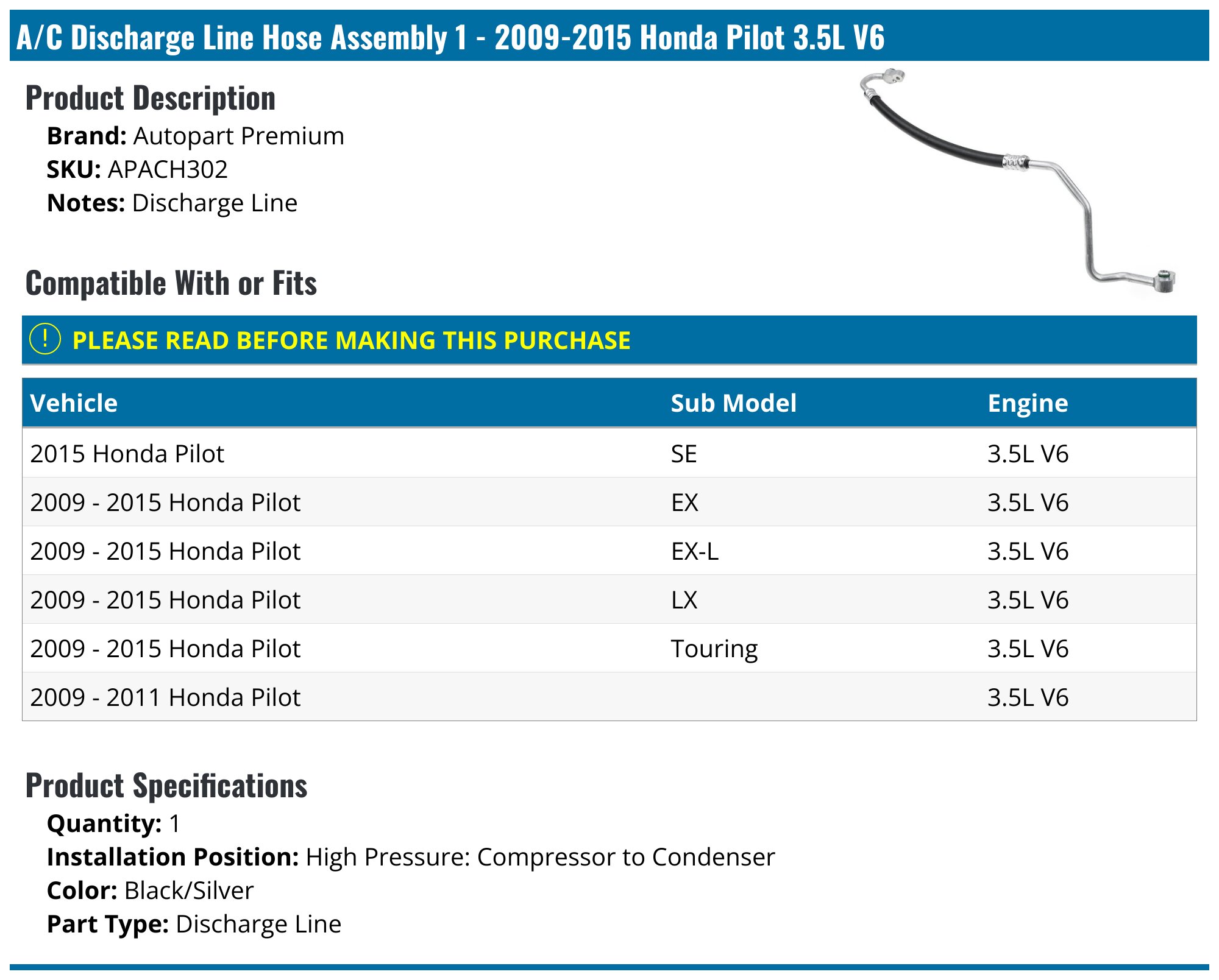 2009-2015 Honda Pilot A/C Hose - Autopart Premium APACH302 - High ...