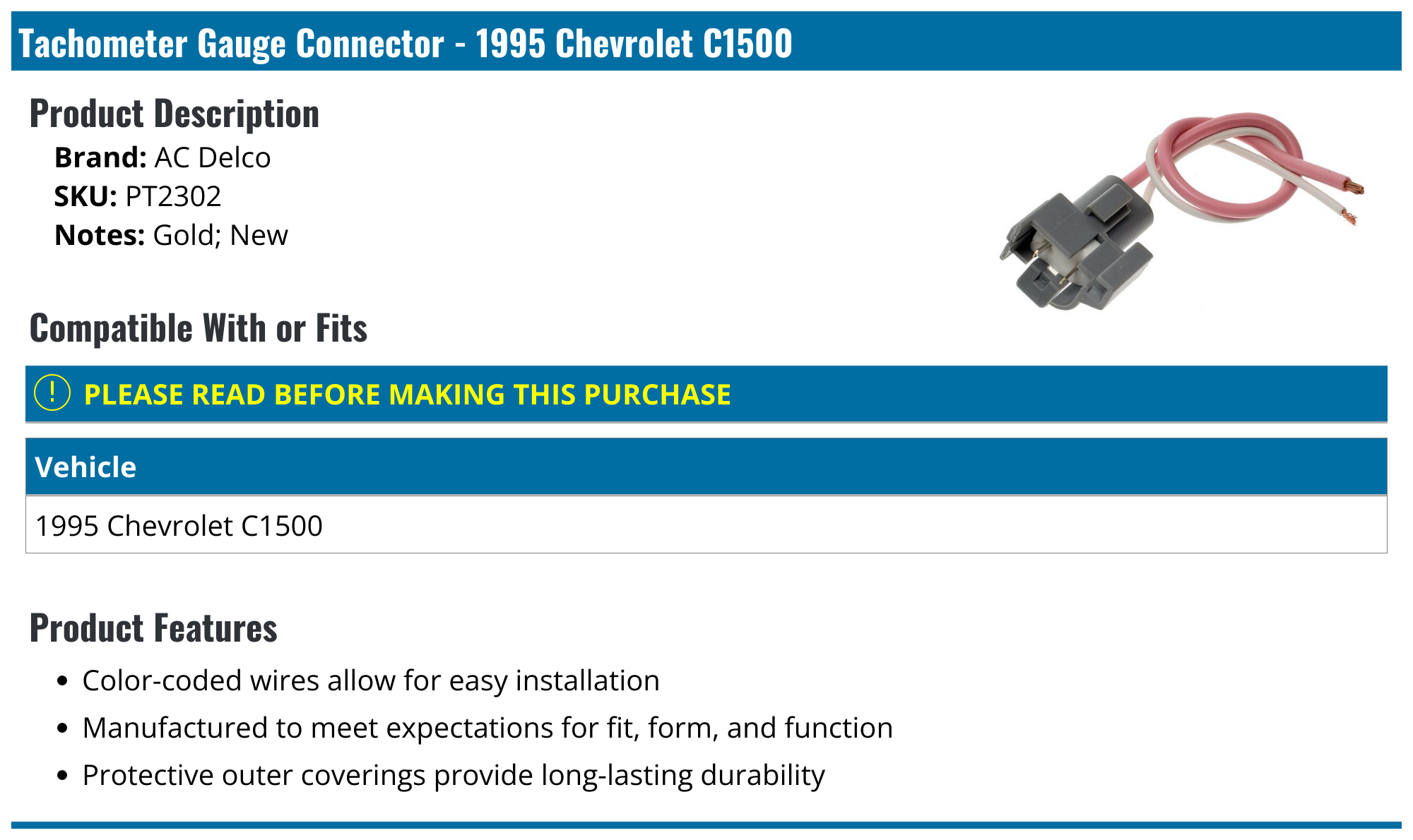 1995 Chevrolet C1500 Tachometer Gauge Connector - AC Delco PT2302 ...