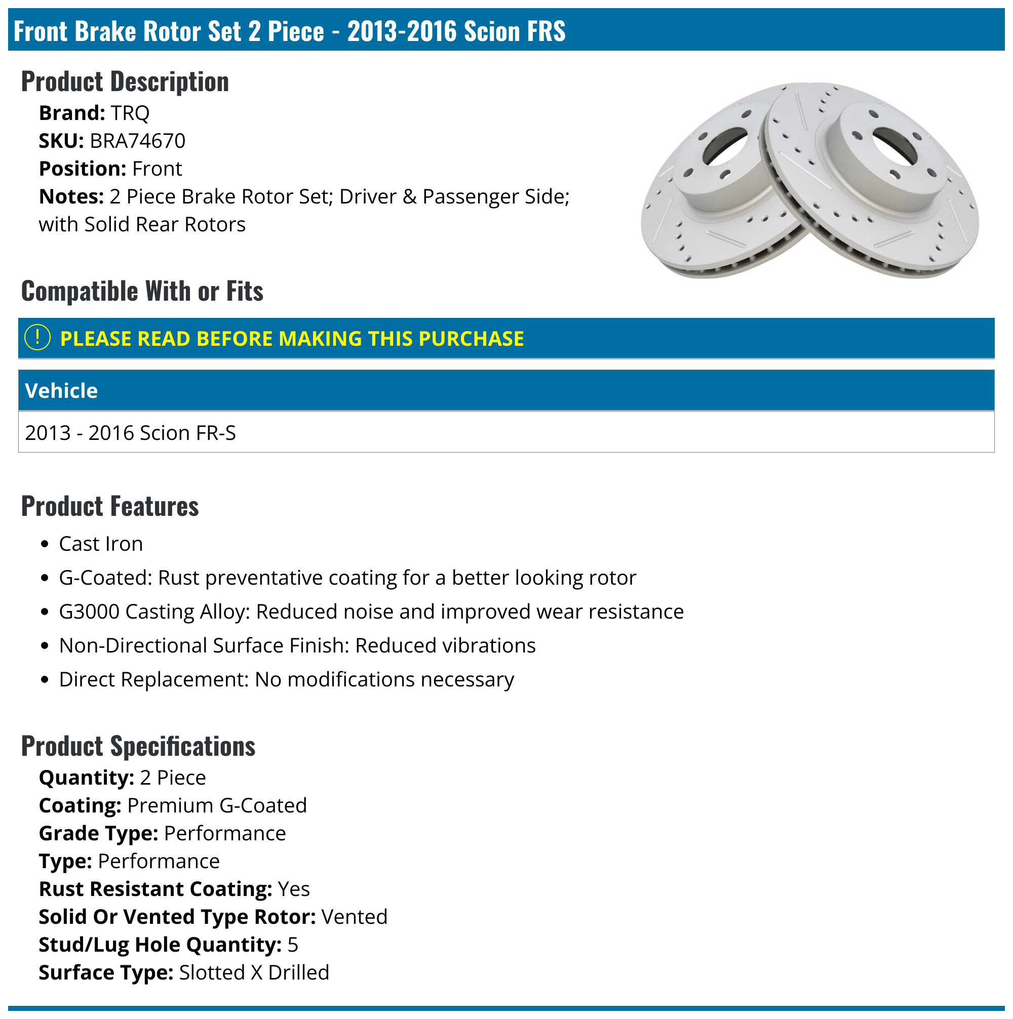 2013-2016 Scion FRS Brake Rotor - TRQ BRA74670 - Front - PartsGeek.com