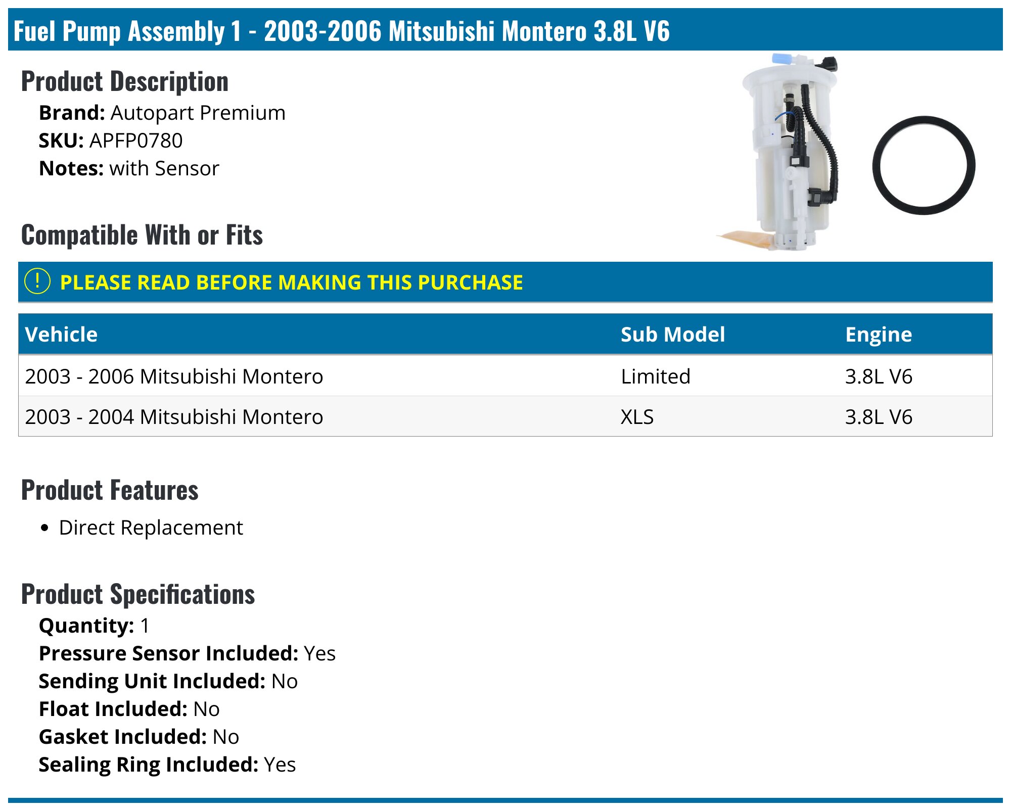 2003-2006 Mitsubishi Montero Fuel Pump - Autopart Premium APFP0780 ...