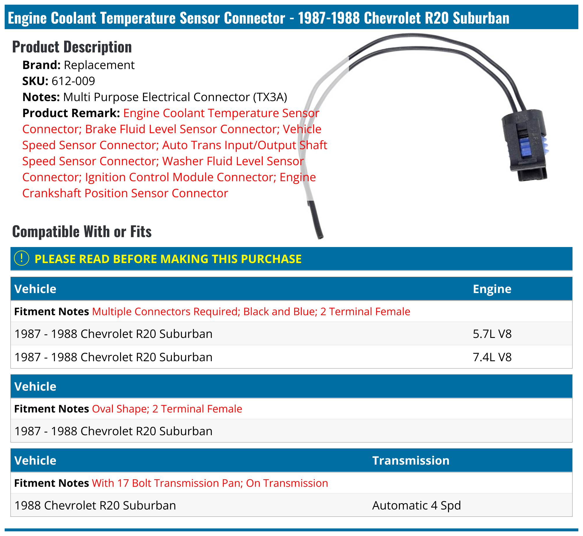 1987-1988 Chevrolet R20 Suburban Engine Coolant Temperature Sensor ...
