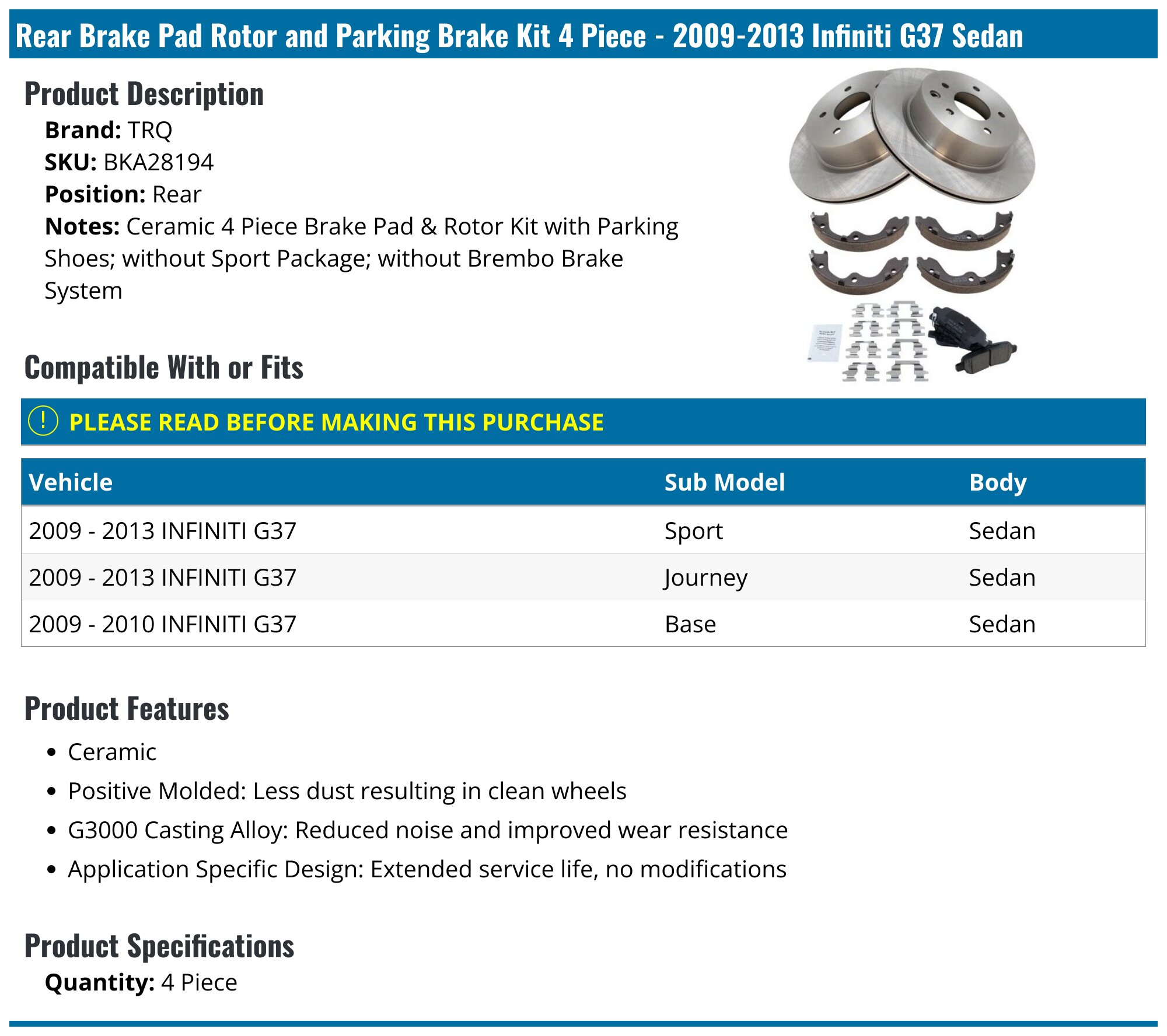 2009-2013 Infiniti G37 Brake Rotor - TRQ BKA28194 - Rear - PartsGeek.com