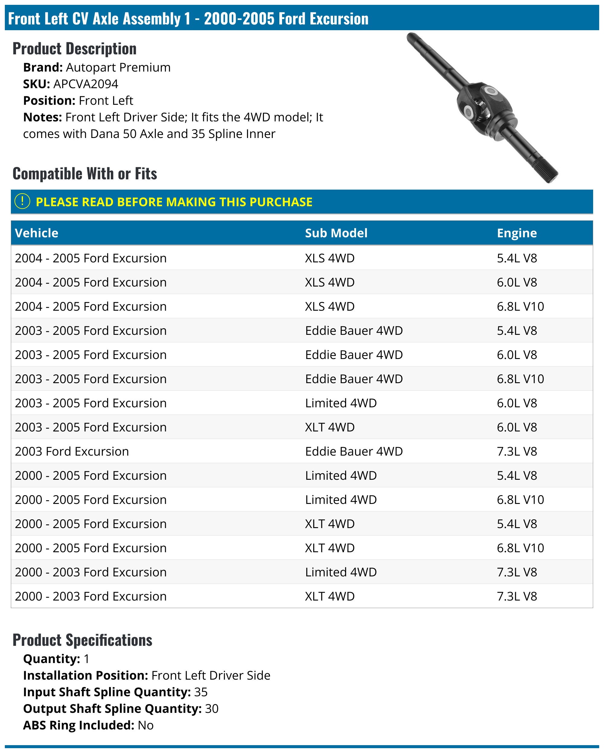 2000-2005 Ford Excursion Axle Assembly - Autopart Premium APCVA2094 ...