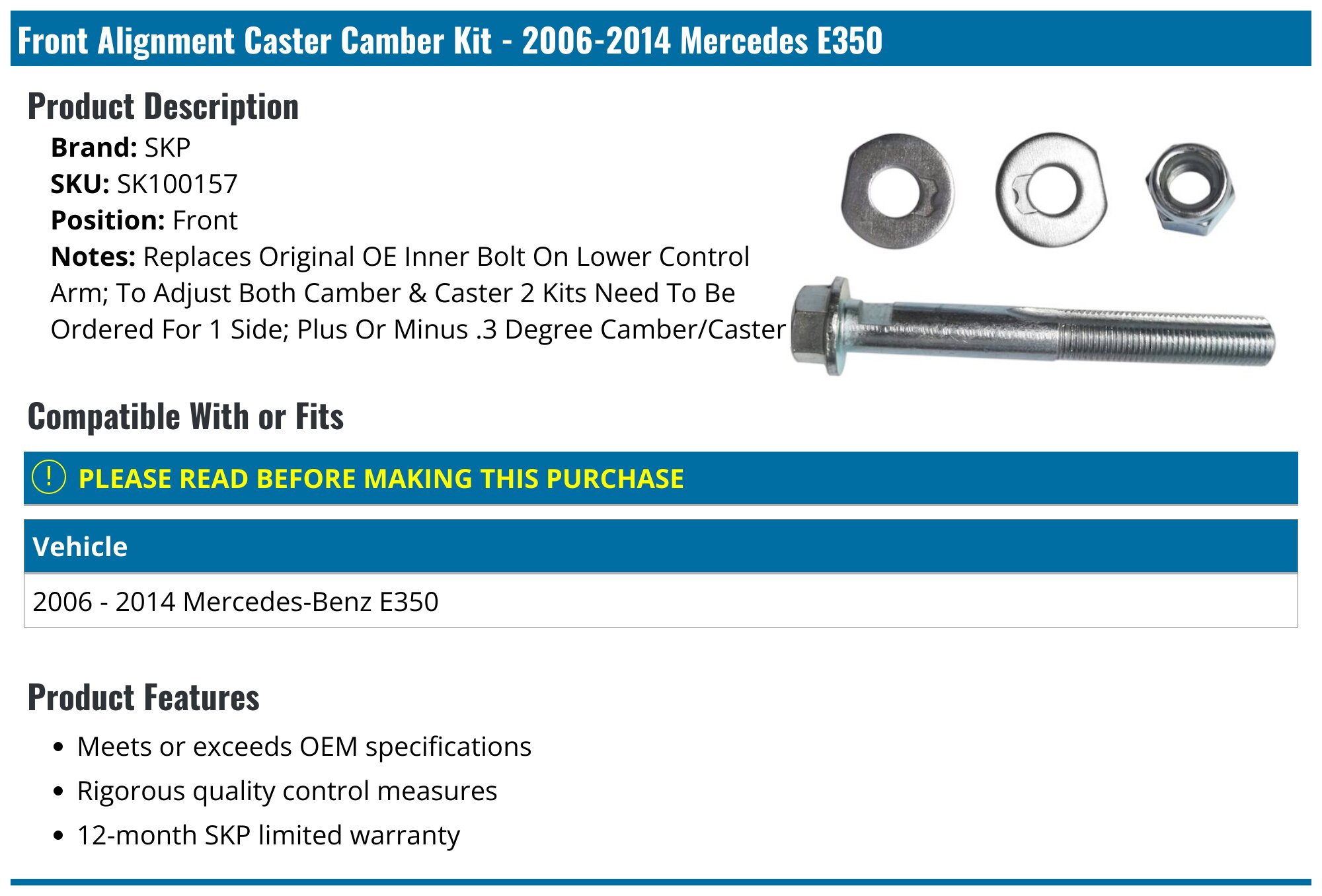 2006-2014 Mercedes E350 Alignment Caster Camber Kit - SKP SK100157 ...