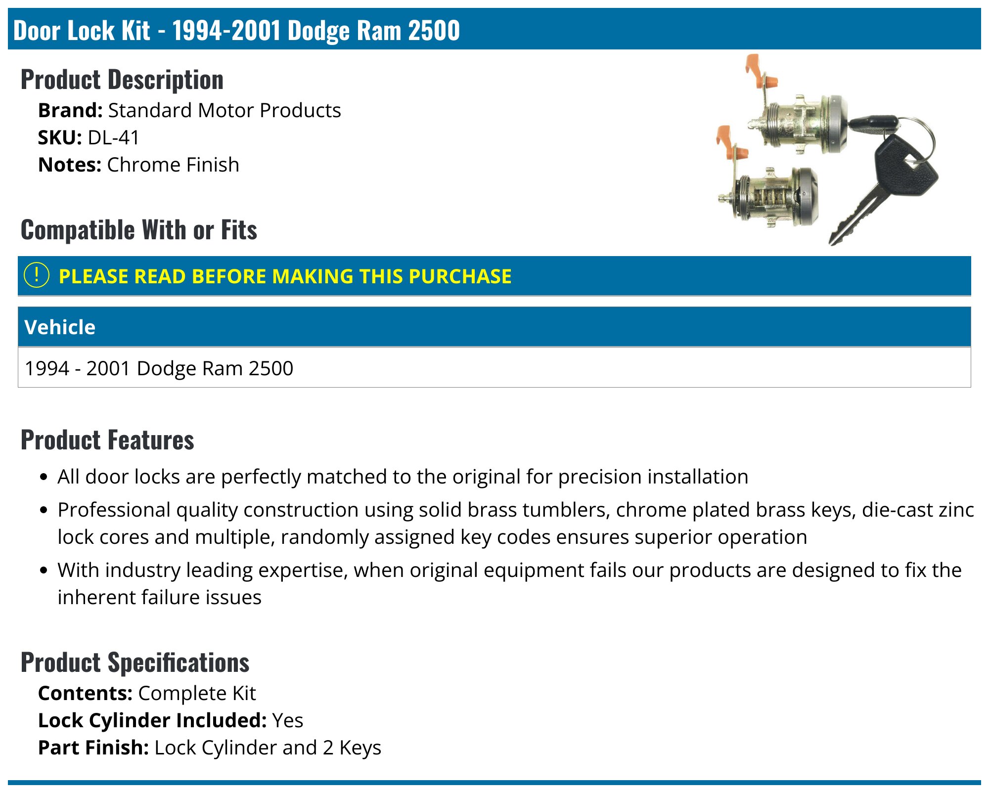 1994-2001 Dodge Ram 2500 Door Lock Kit - Standard Motor Products DL-41 ...