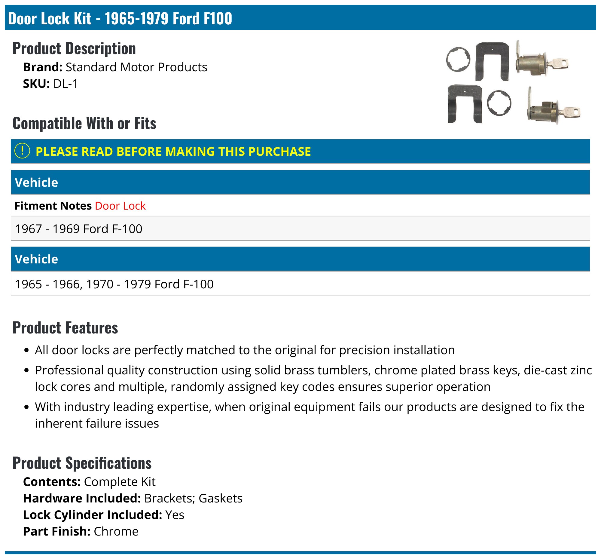 1965-1979 Ford F100 Door Lock Kit - Standard Motor Products DL-1 ...