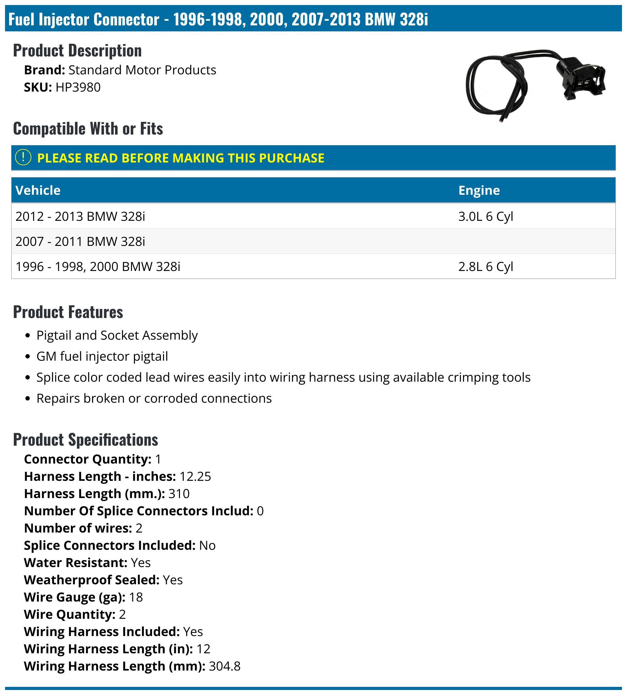 1996-1998, 2000, 2007-2013 BMW 328i Fuel Injector Connector - Standard ...