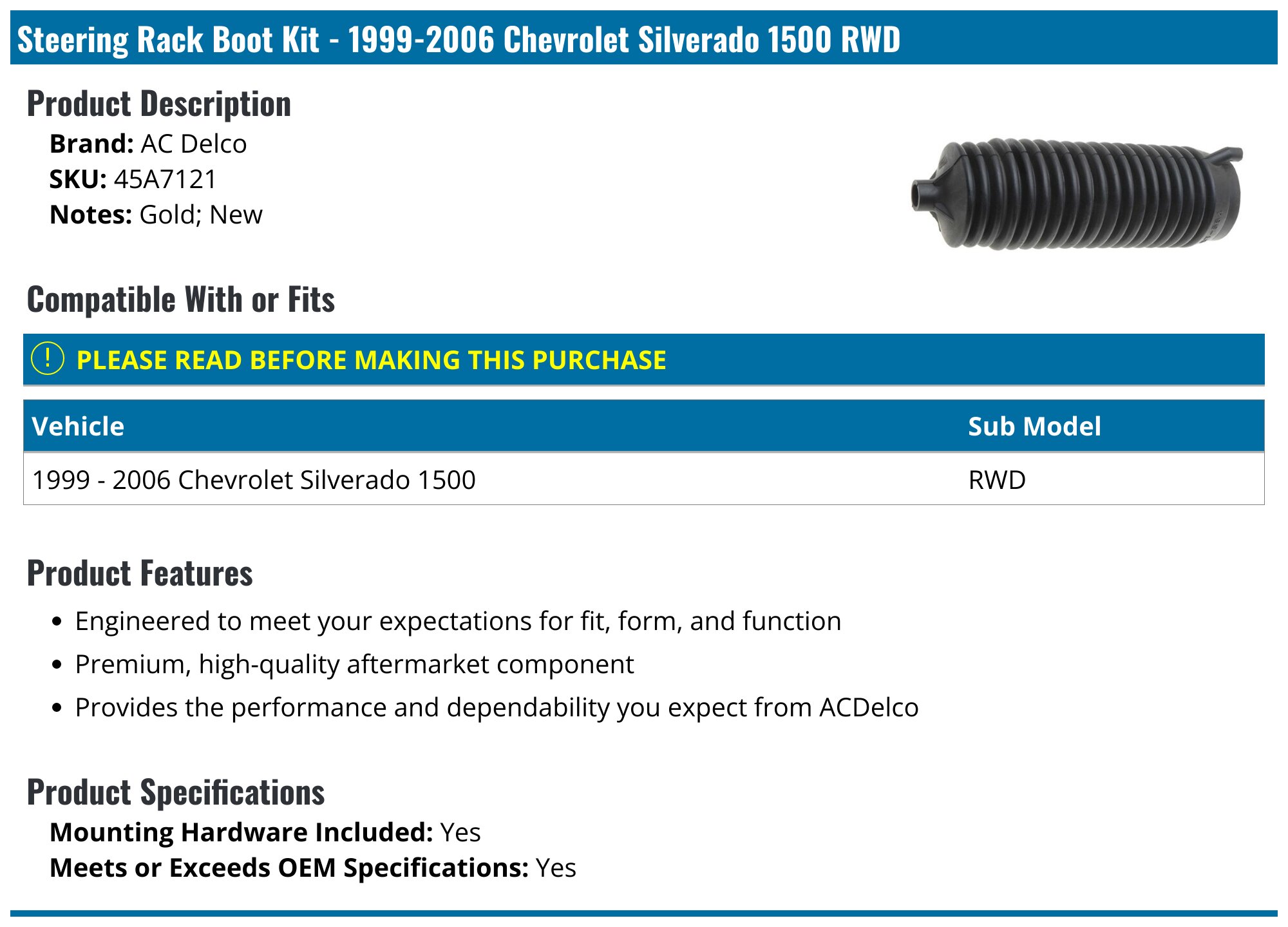 1999-2006 Chevrolet Silverado 1500 Steering Rack Boot Kit - AC Delco ...