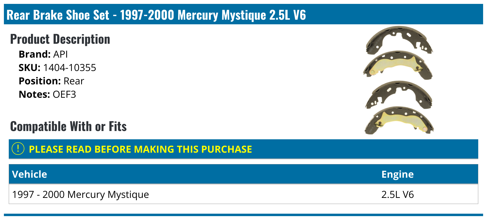 1997-2000 Mercury Mystique Brake Shoe Set - API 5812-07417029 - Rear ...