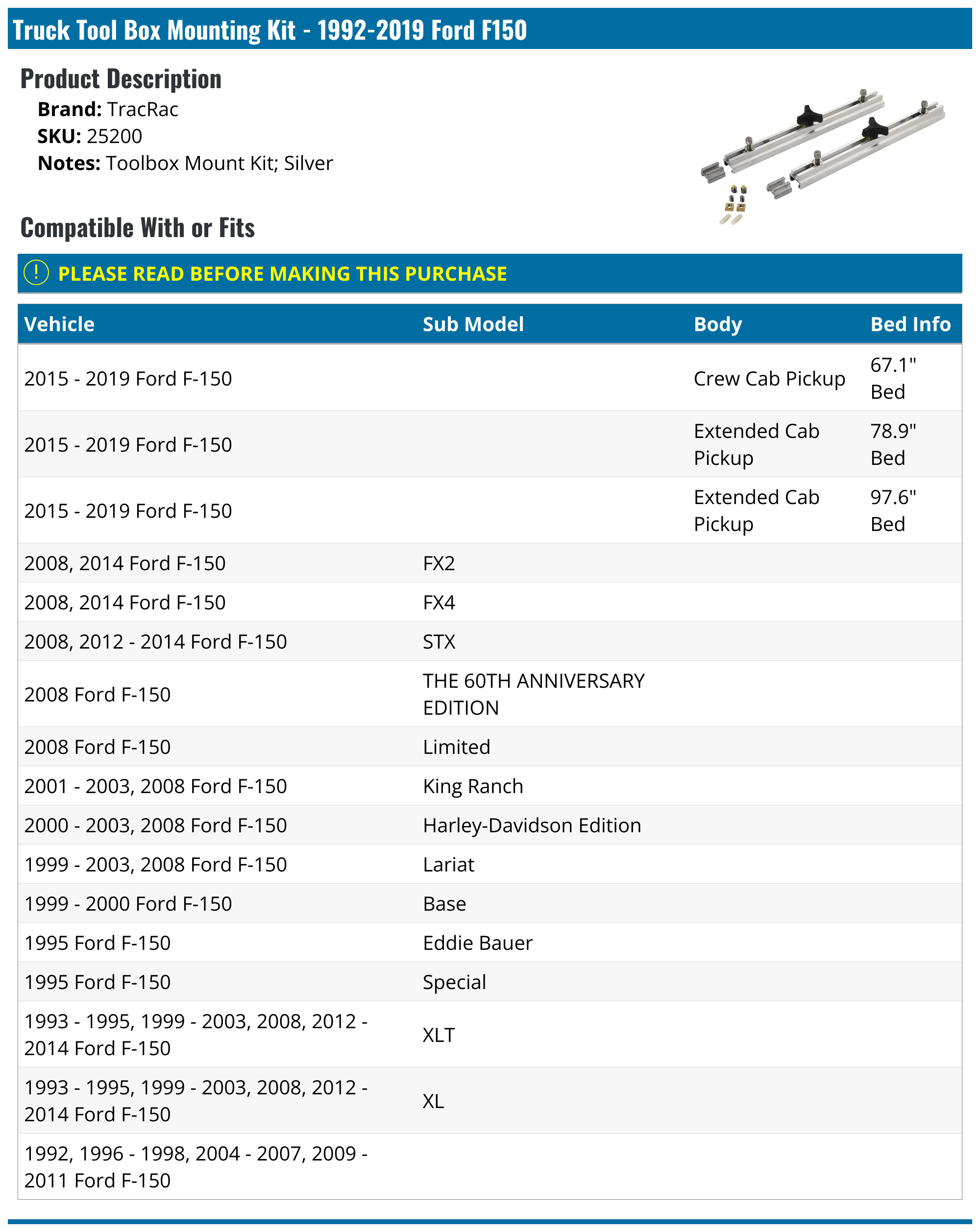 1992-2019 Ford F150 Truck Tool Box Mounting Kit - TracRac 25200 ...