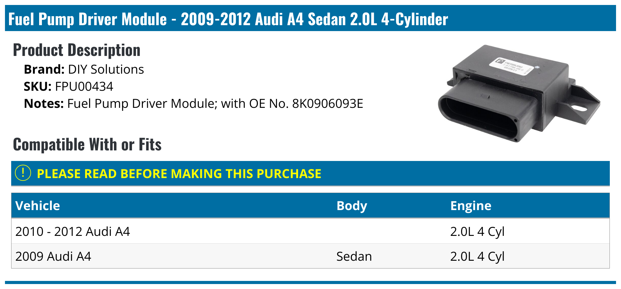 2009-2012 Audi A4 Fuel Pump Control Module - DIY Solutions FPU00434 ...