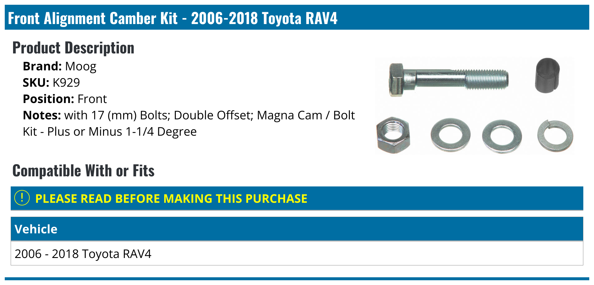 2006-2018 Toyota RAV4 Alignment Camber Kit - Moog K929 - Front ...
