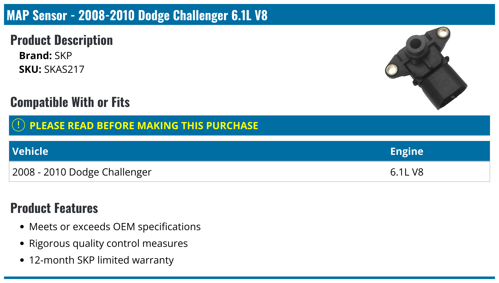 2008-2010 Dodge Challenger MAP Sensor - SKP SKAS217 - PartsGeek.com