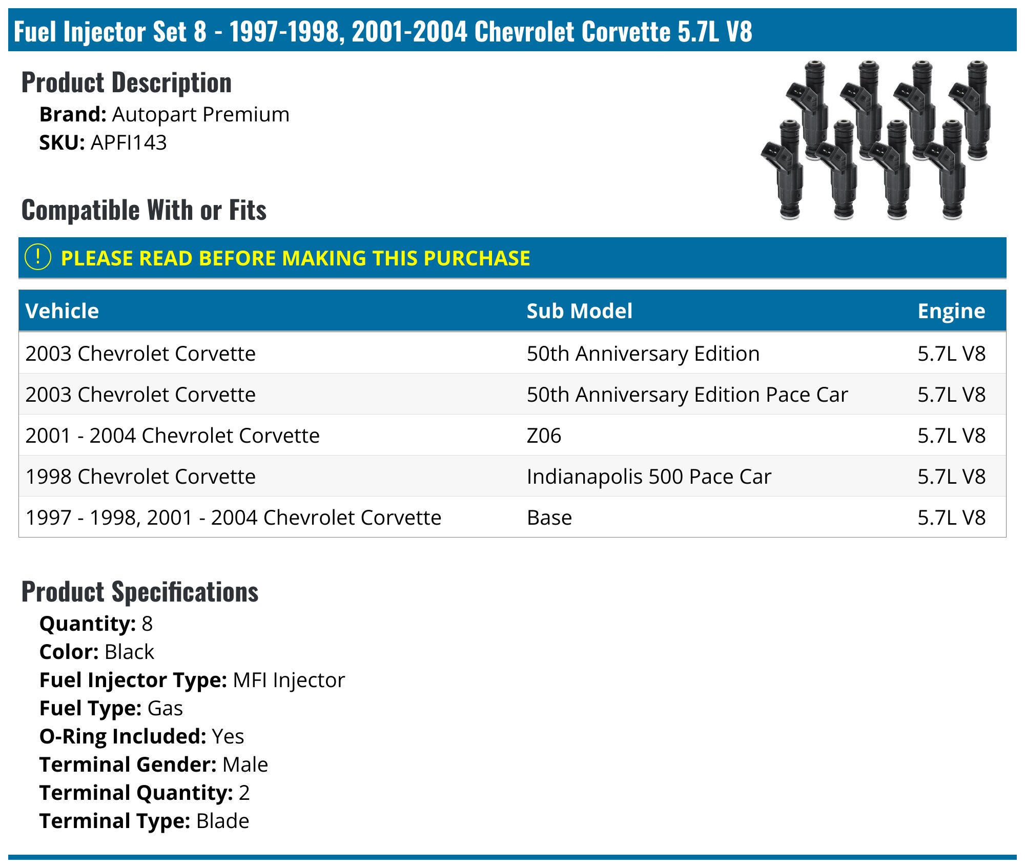 1997-1998, 2001-2004 Chevrolet Corvette Fuel Injector - Autopart ...