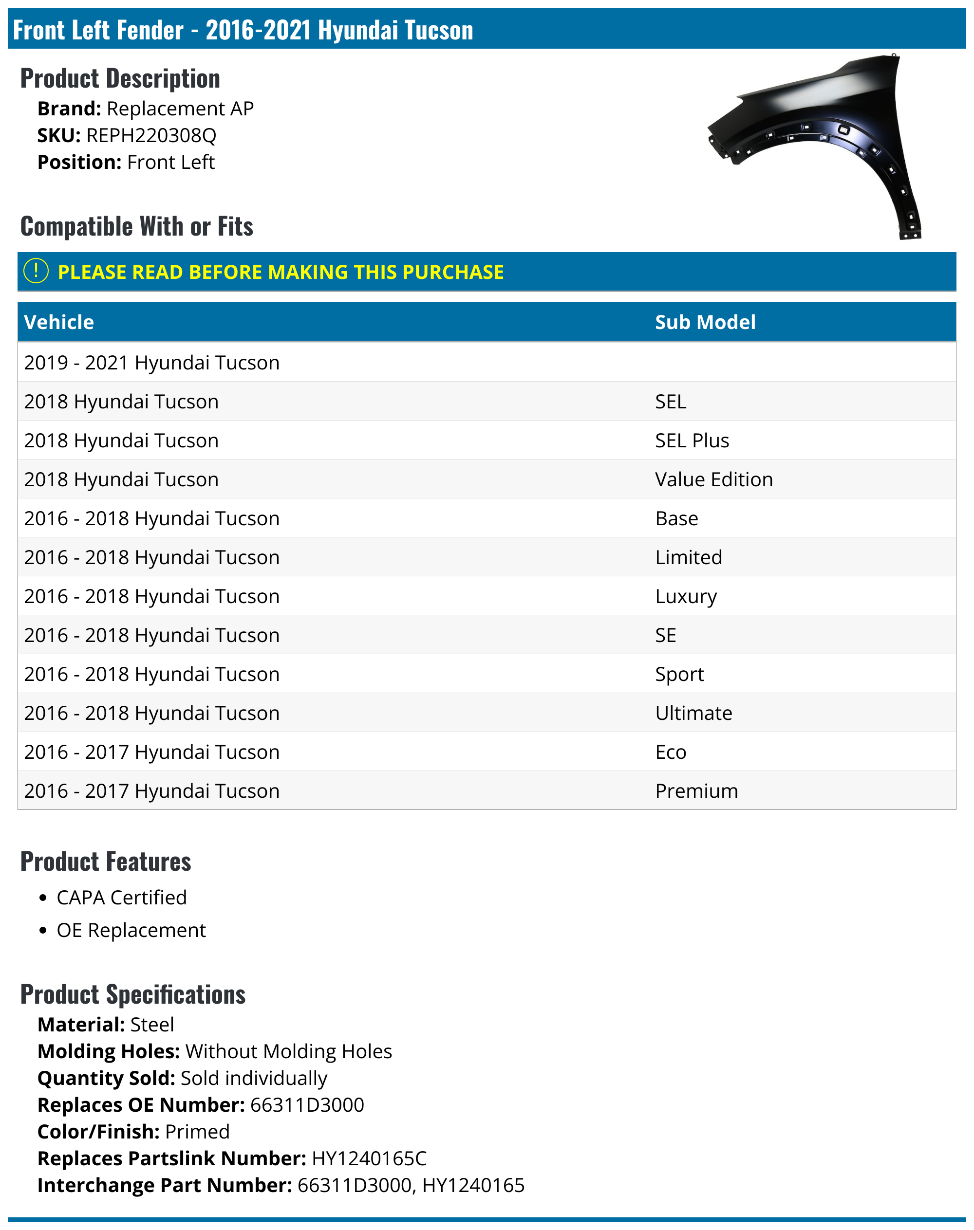 2016-2021 Hyundai Tucson Fender - Replacement AP REPH220308Q - Front ...