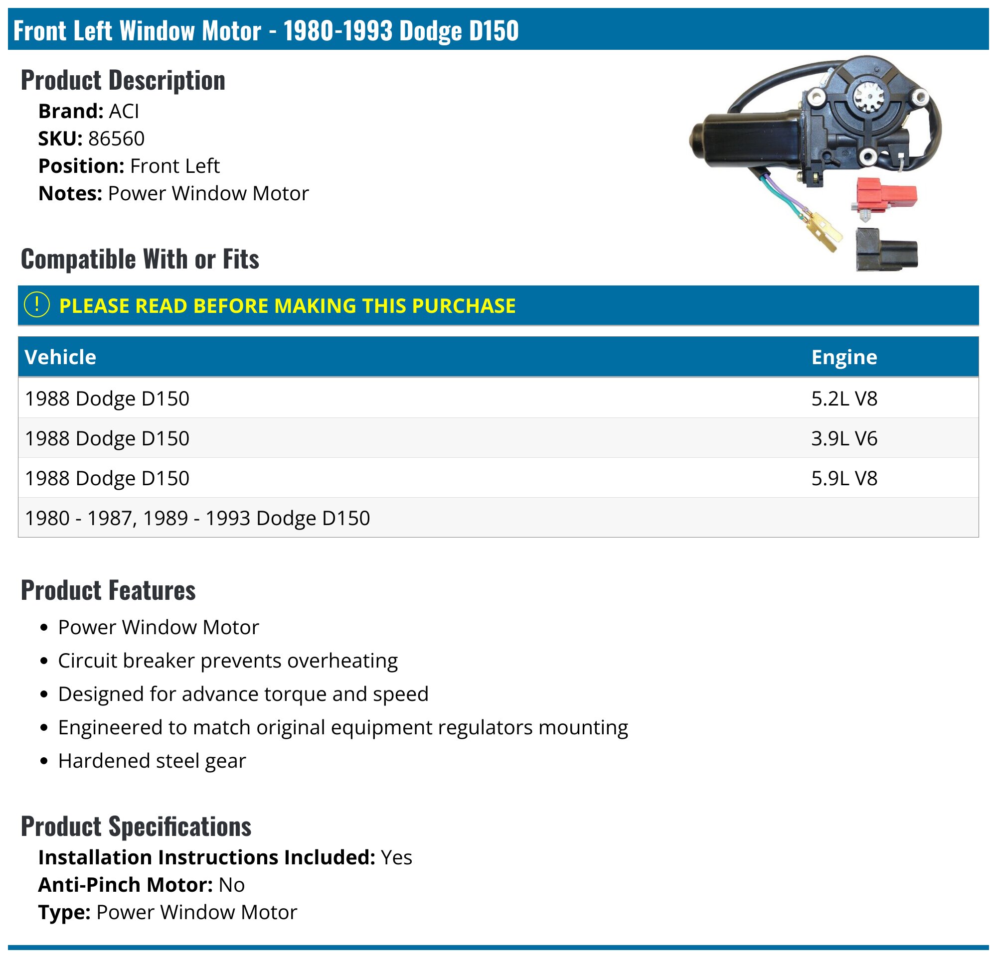 1980-1993 Dodge D150 Window Motor - ACI 86560 - Front Left - PartsGeek.com