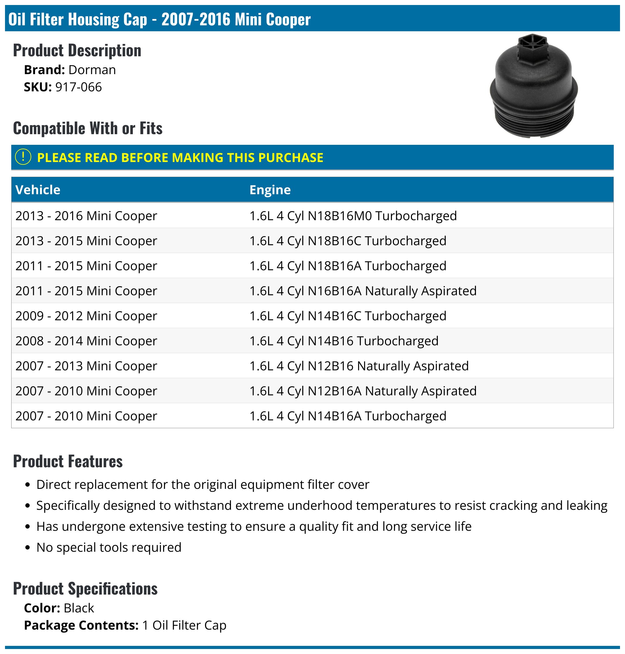 2007-2016 Mini Cooper Oil Filter Housing Cap - Dorman 917-066 ...