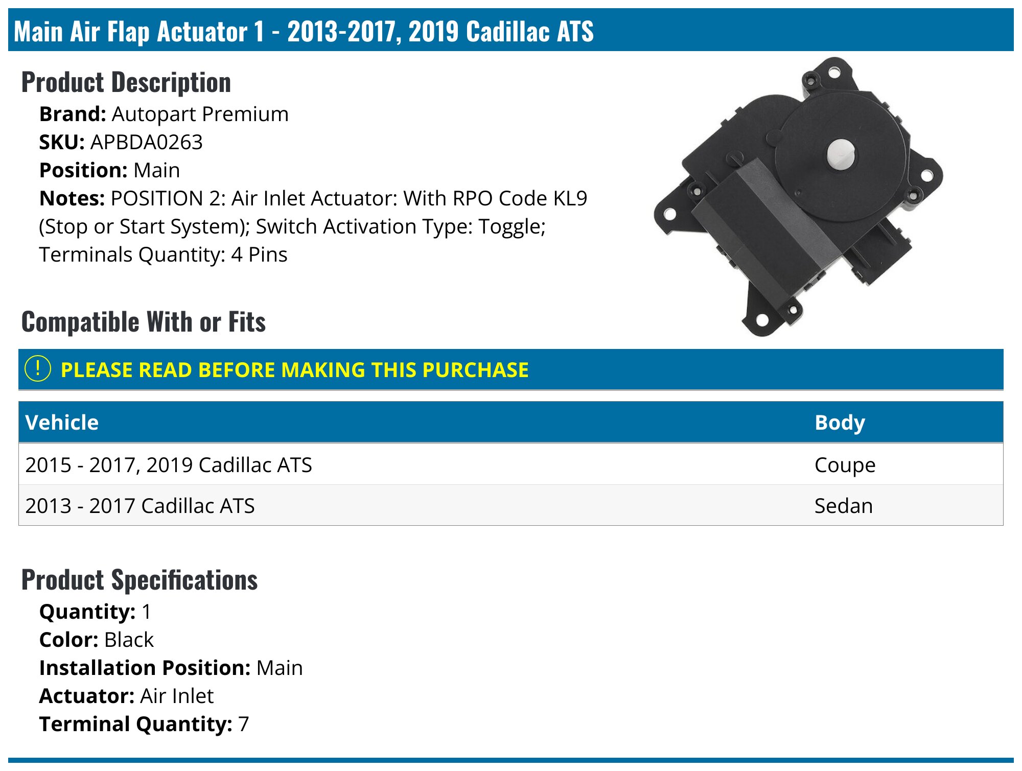2013-2019 Cadillac ATS Air Flap Actuator - Autopart Premium APBDA0263 ...