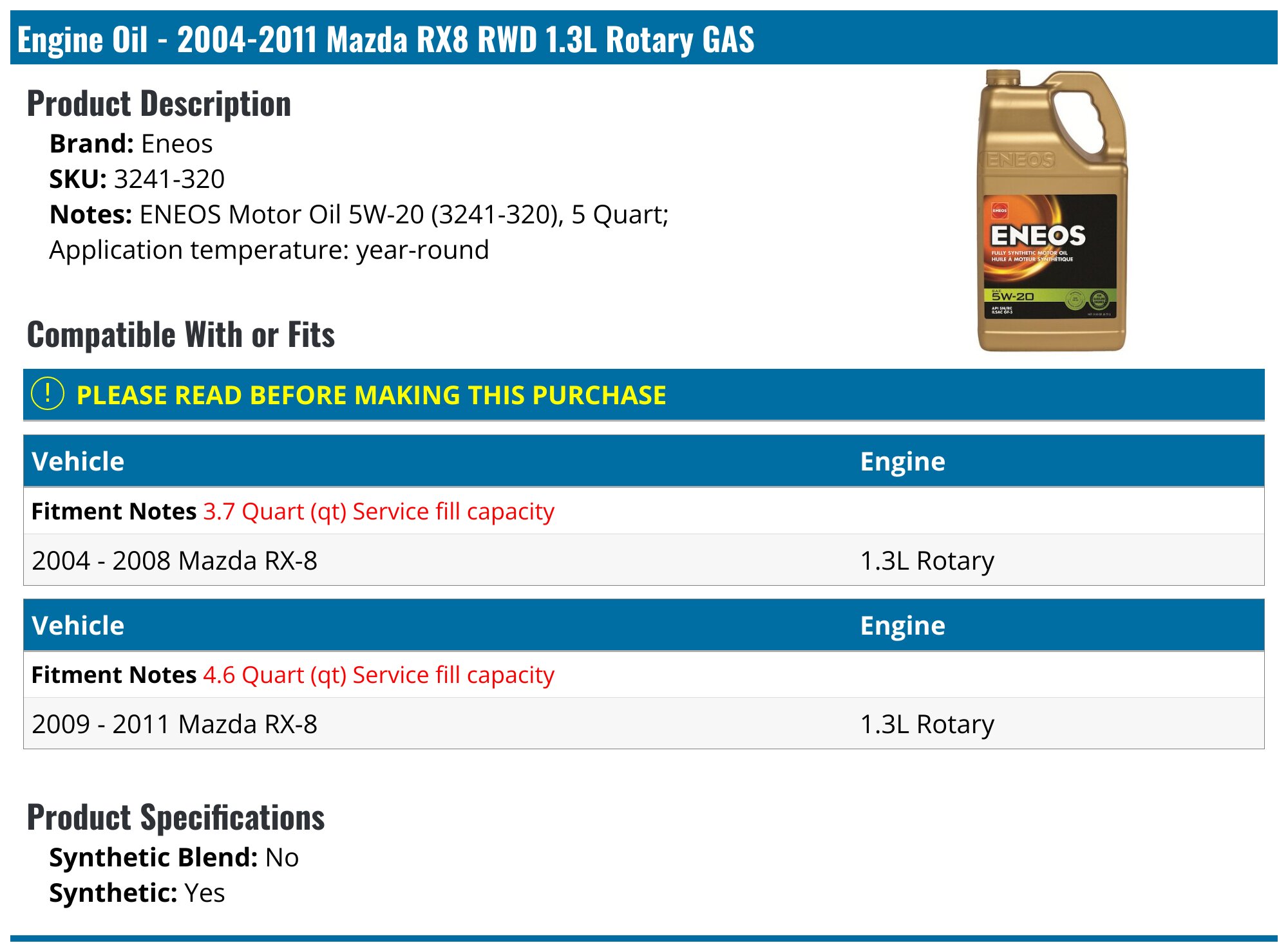 2004-2011 Mazda RX8 Engine Oil - Eneos 3241-320 - PartsGeek.com
