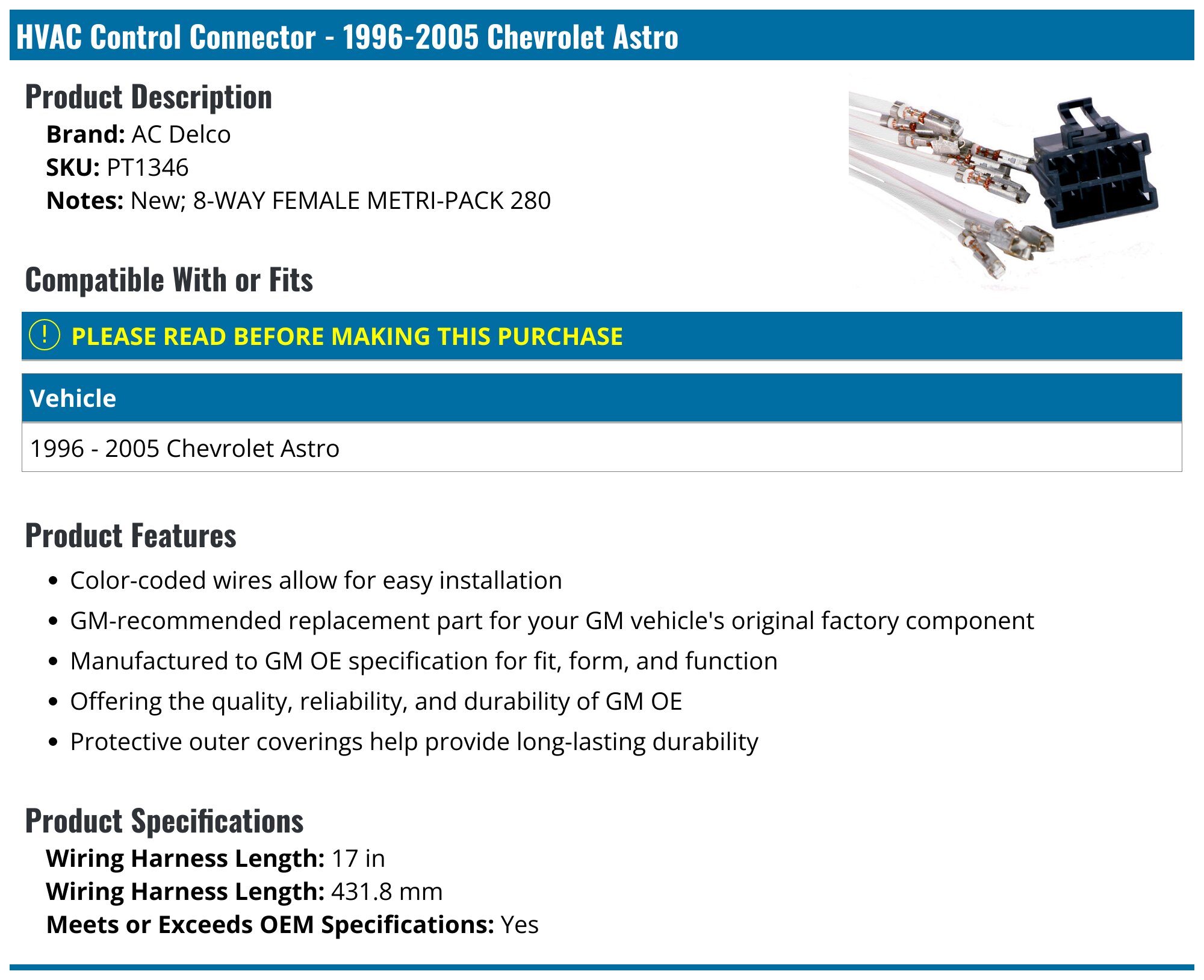1996-2005 Chevrolet Astro HVAC Control Connector - AC Delco PT1346 ...