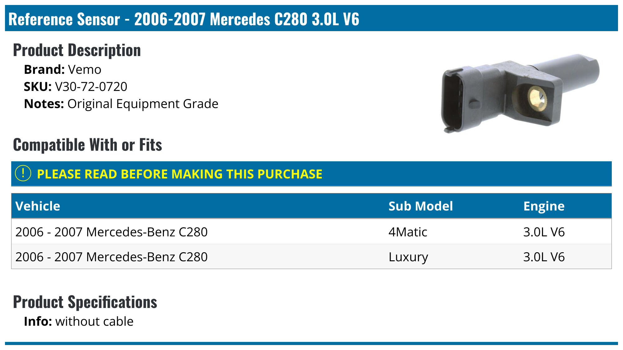 2006-2007 Mercedes C280 Crank Position Sensor - Vemo V30-72-0720 ...
