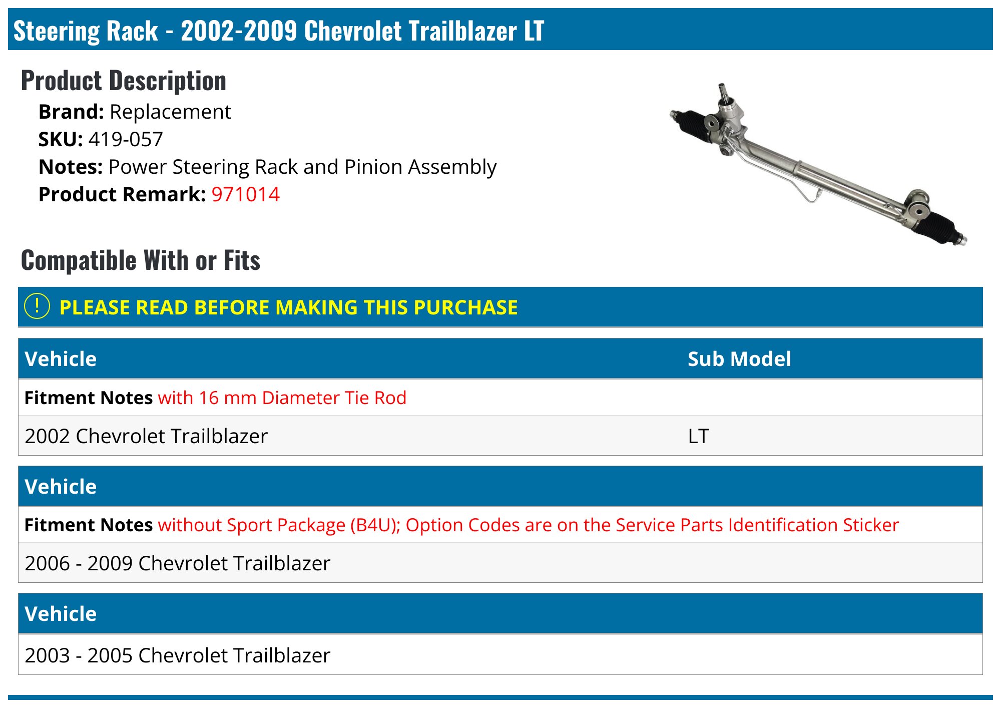 2002-2009 Chevrolet Trailblazer Steering Rack - Replacement 419-057 ...