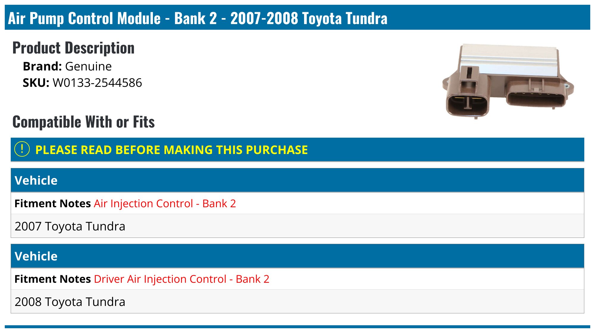 2007-2008, 2013 Toyota Tundra Air Pump Control Module - Genuine W0133 ...