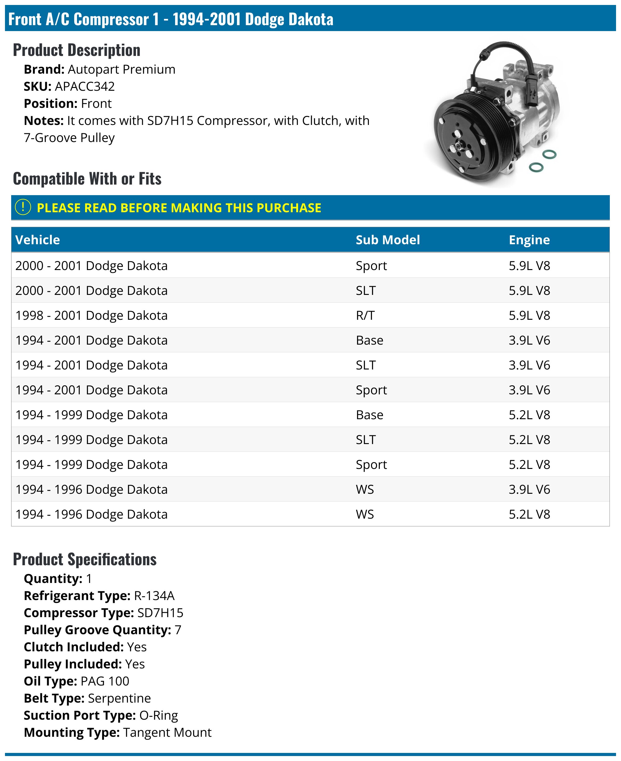1994-2001 Dodge Dakota A/C Compressor - Autopart Premium APACC342 ...