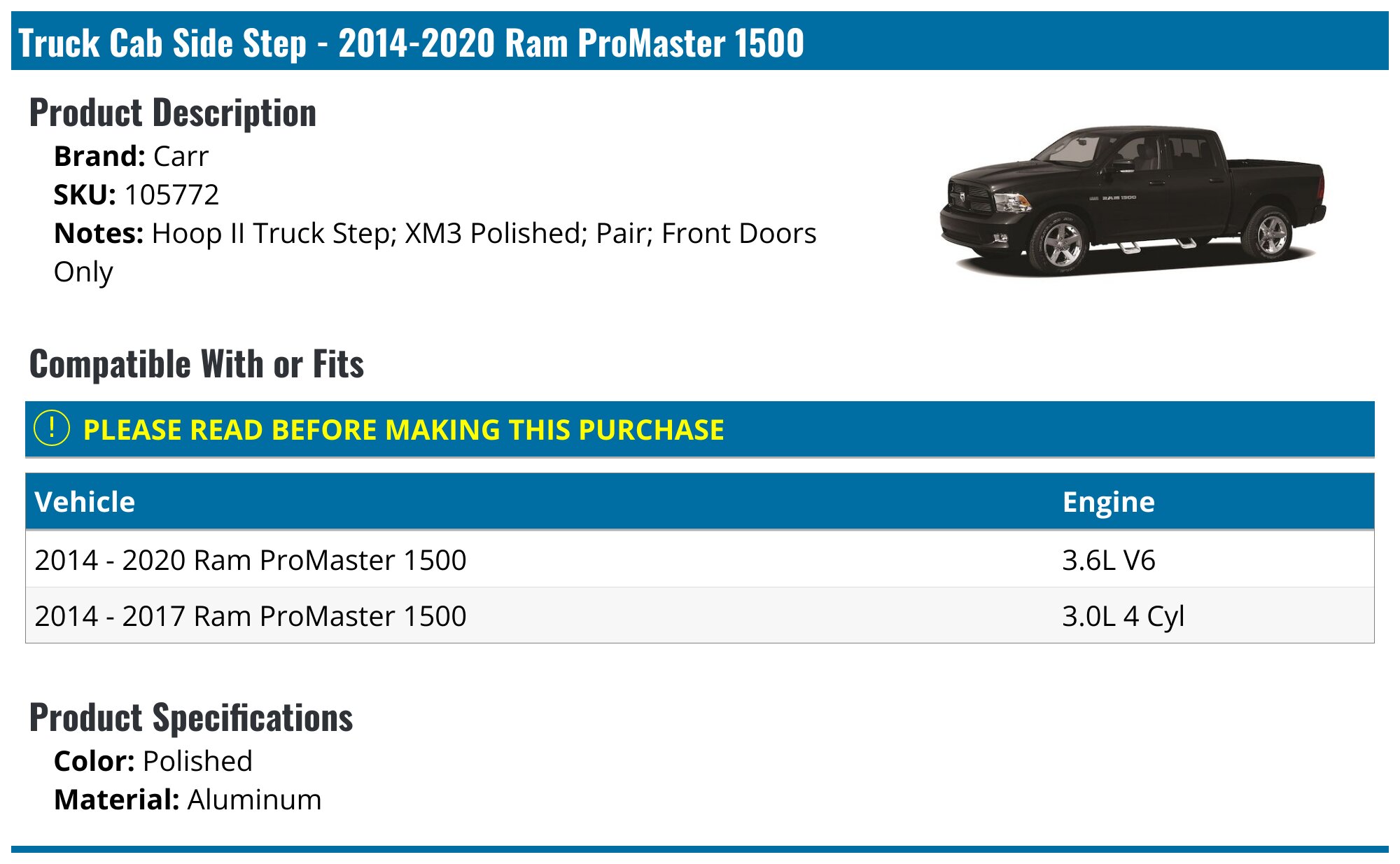 2014-2020 Ram ProMaster 1500 Truck Cab Side Step - Carr 105772 ...