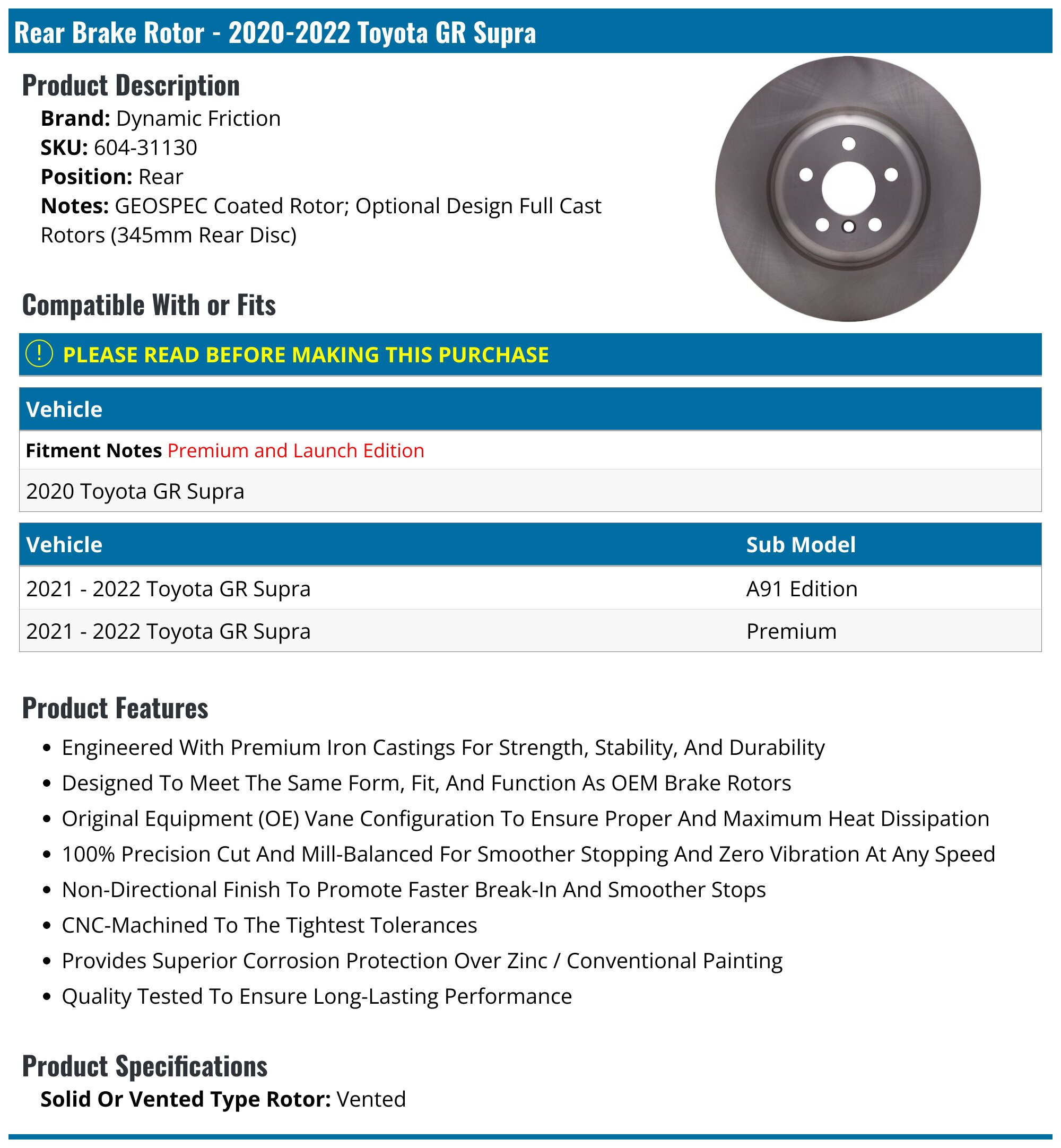 2020-2025 Toyota GR Supra Brake Rotor - Dynamic Friction 604-31130 ...