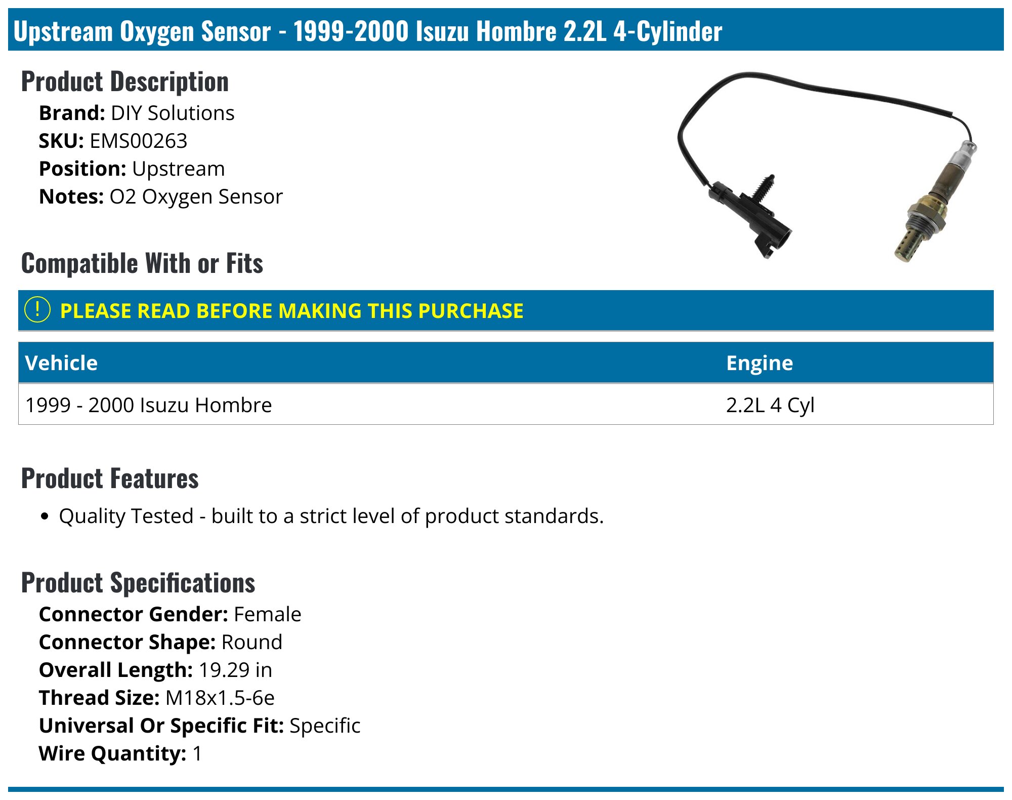 1999-2000 Isuzu Hombre Oxygen Sensor - DIY Solutions EMS00263 ...
