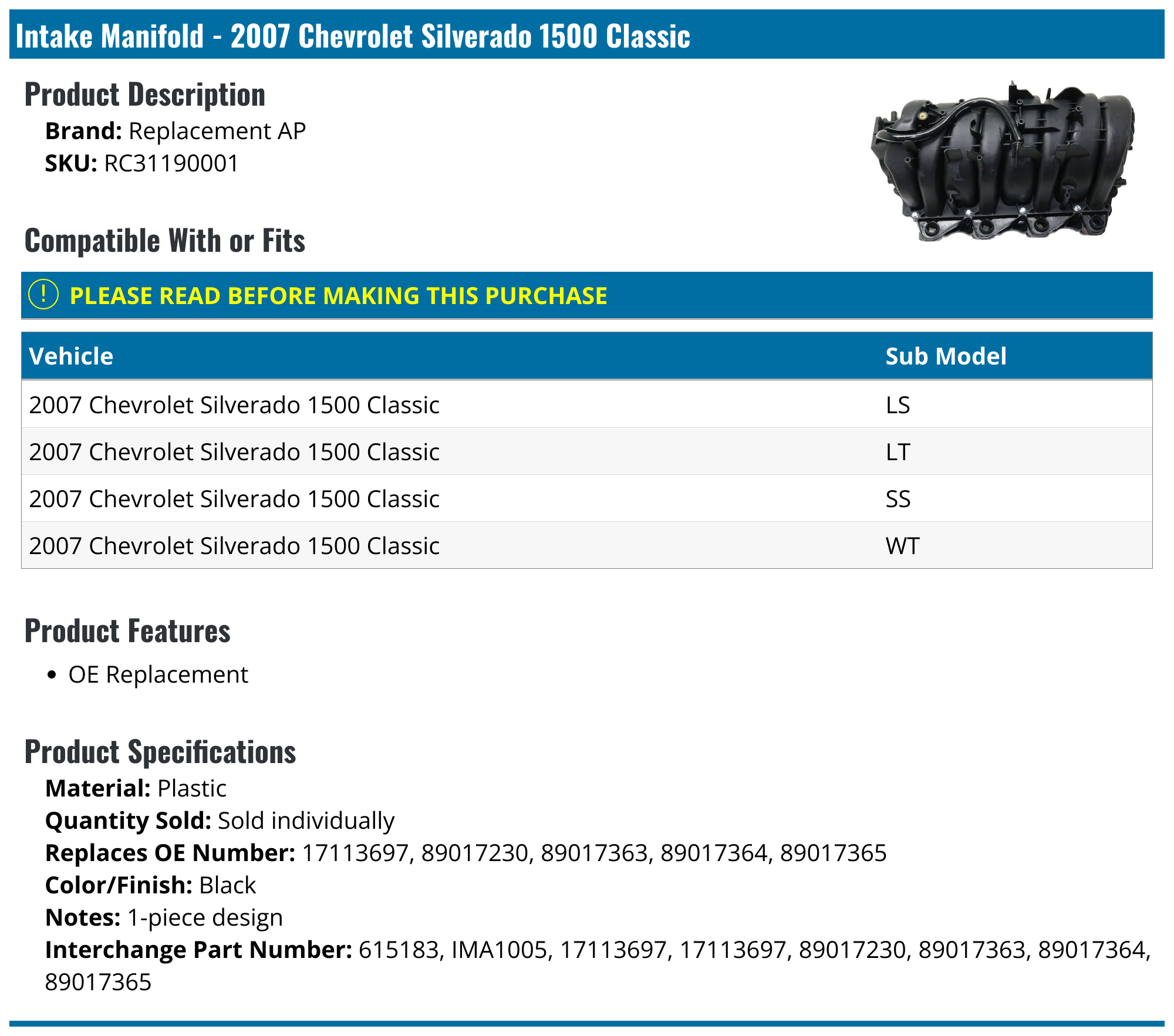 2007 Chevrolet Silverado 1500 Classic Intake Manifold - Replacement AP ...