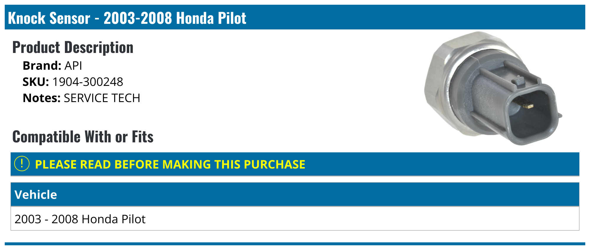 2003-2008 Honda Pilot Knock Sensor - API 6050-07807286 - - PartsGeek.com