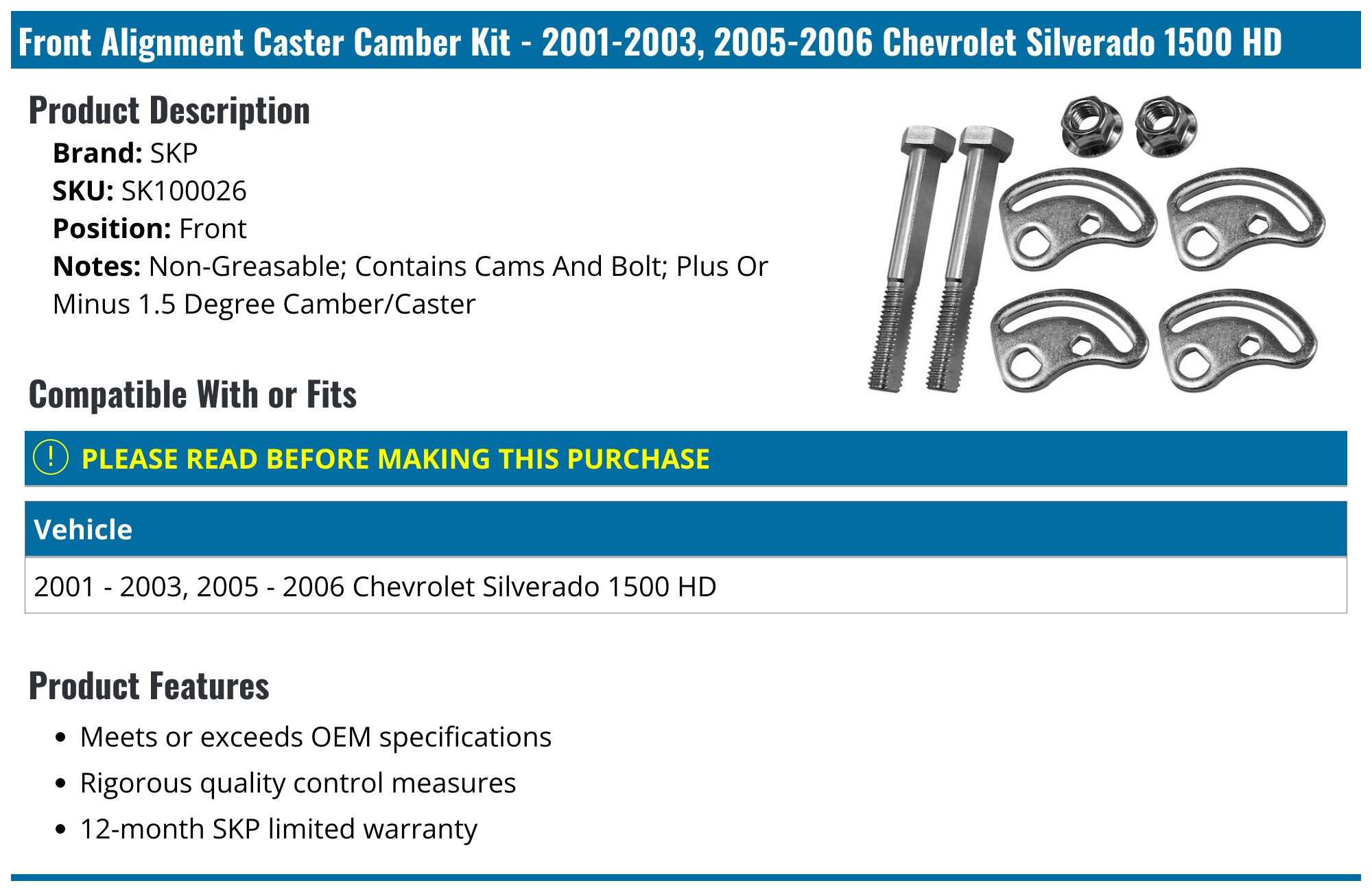 2001-2003, 2005-2006 Chevrolet Silverado 1500 HD Alignment Caster ...