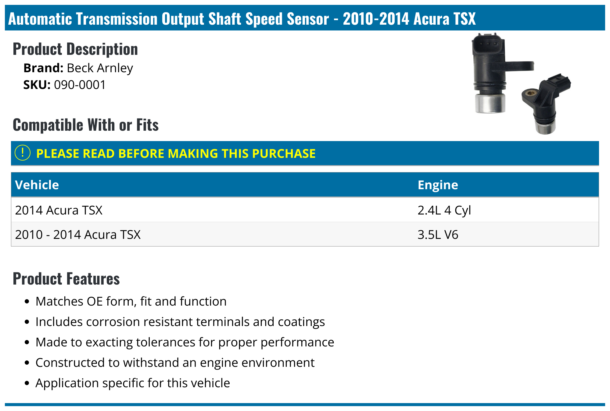 2010-2014 Acura TSX Automatic Transmission Output Shaft Speed Sensor ...