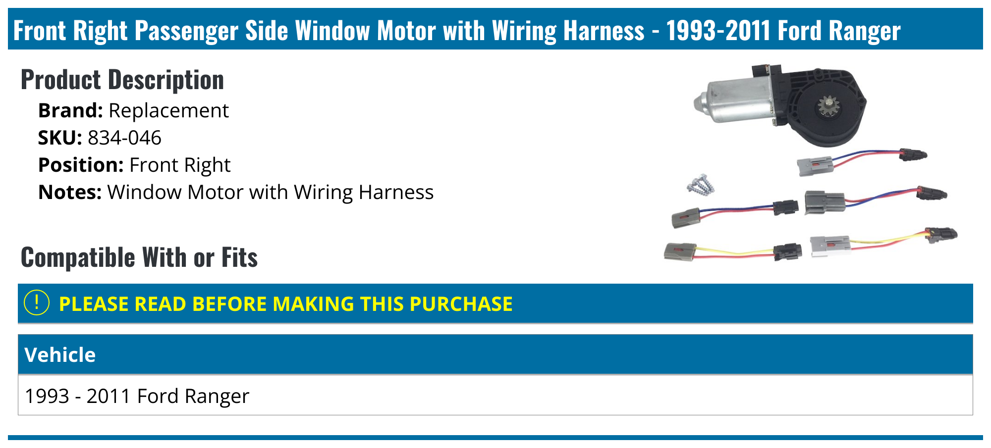 1993-2011 Ford Ranger Window Motor - Replacement 834-046 - - PartsGeek.com