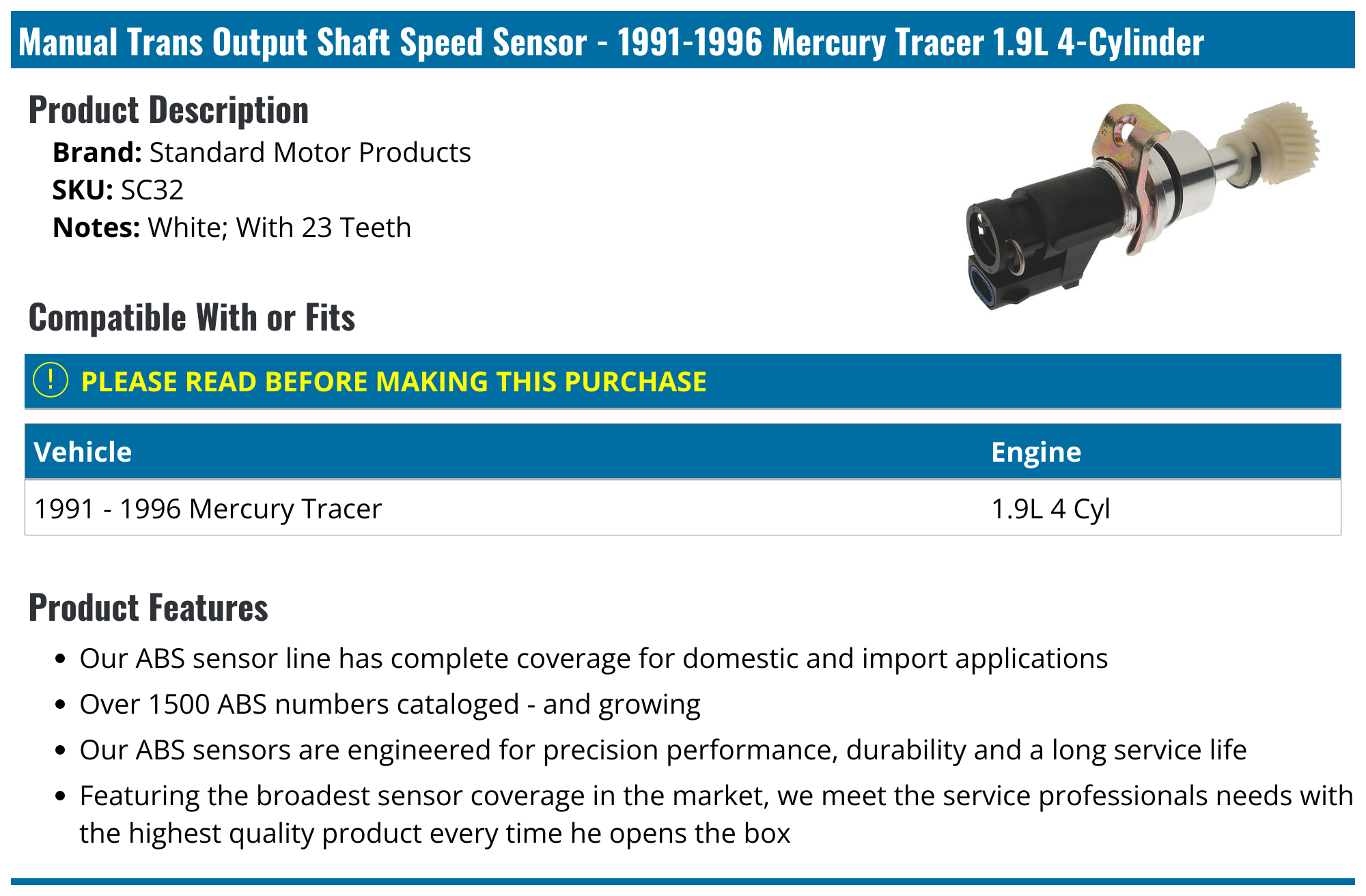 1991-1996 Mercury Tracer Manual Trans Output Shaft Speed Sensor ...