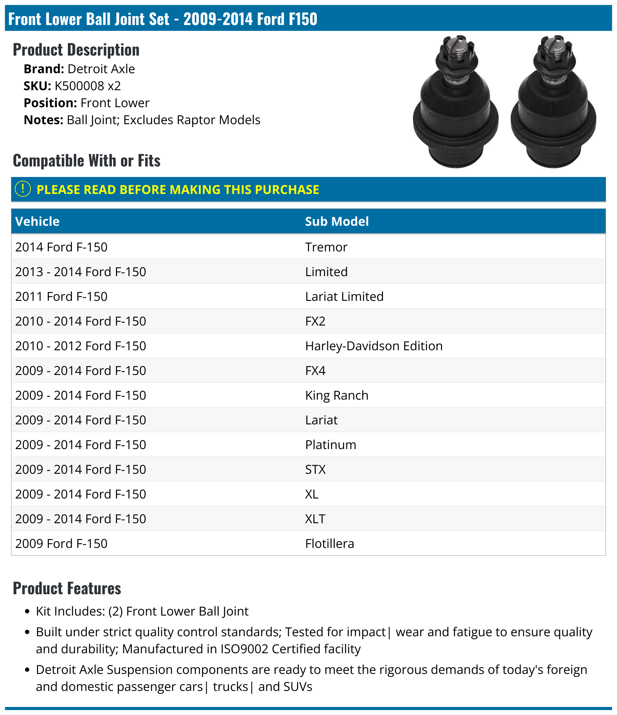 2009-2014 Ford F150 Ball Joint - Detroit Axle K500008 x2 - Front Lower ...