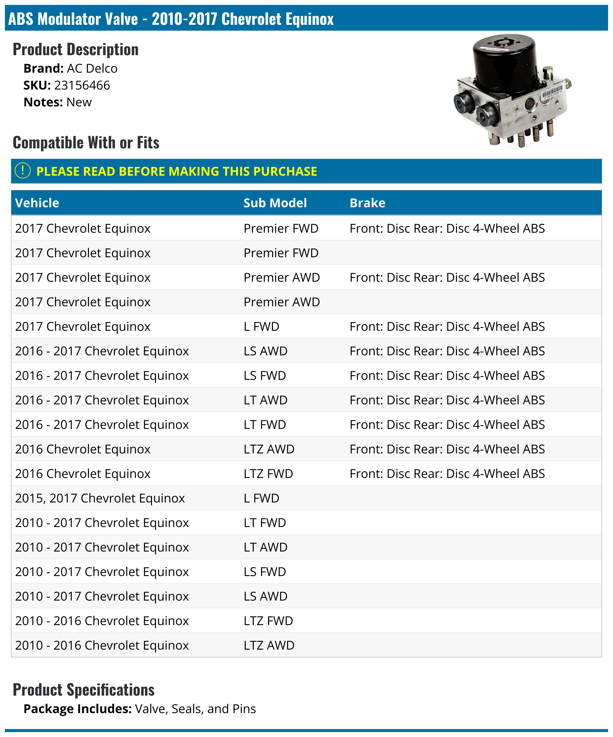 2010-2017 Chevrolet Equinox ABS Modulator Valve - AC Delco 23156466 ...