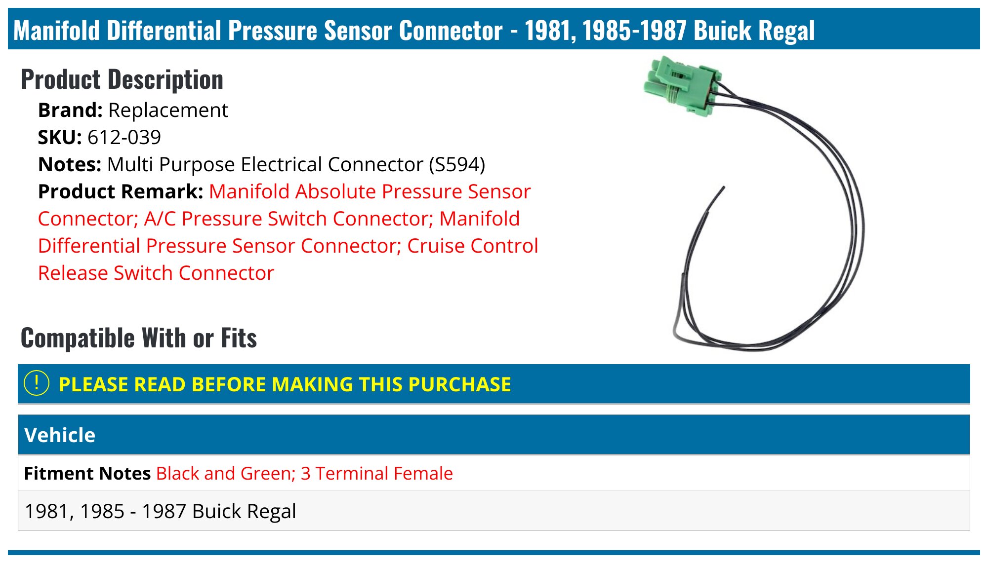 1981, 1985-1987 Buick Regal Manifold Differential Pressure Sensor Connector - Replacement 612 ...