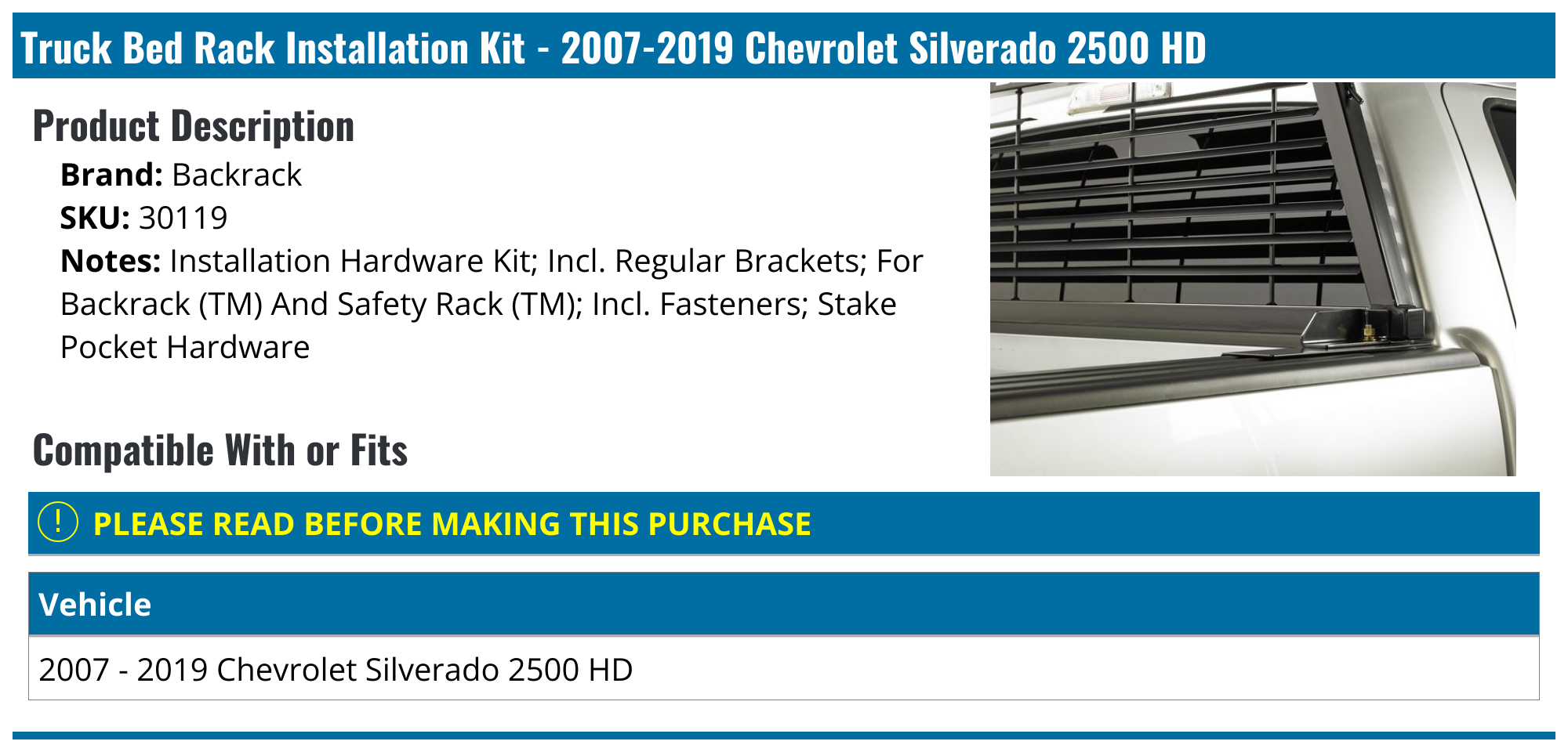 2007-2019 Chevrolet Silverado 2500 HD Truck Bed Rack Installation Kit ...