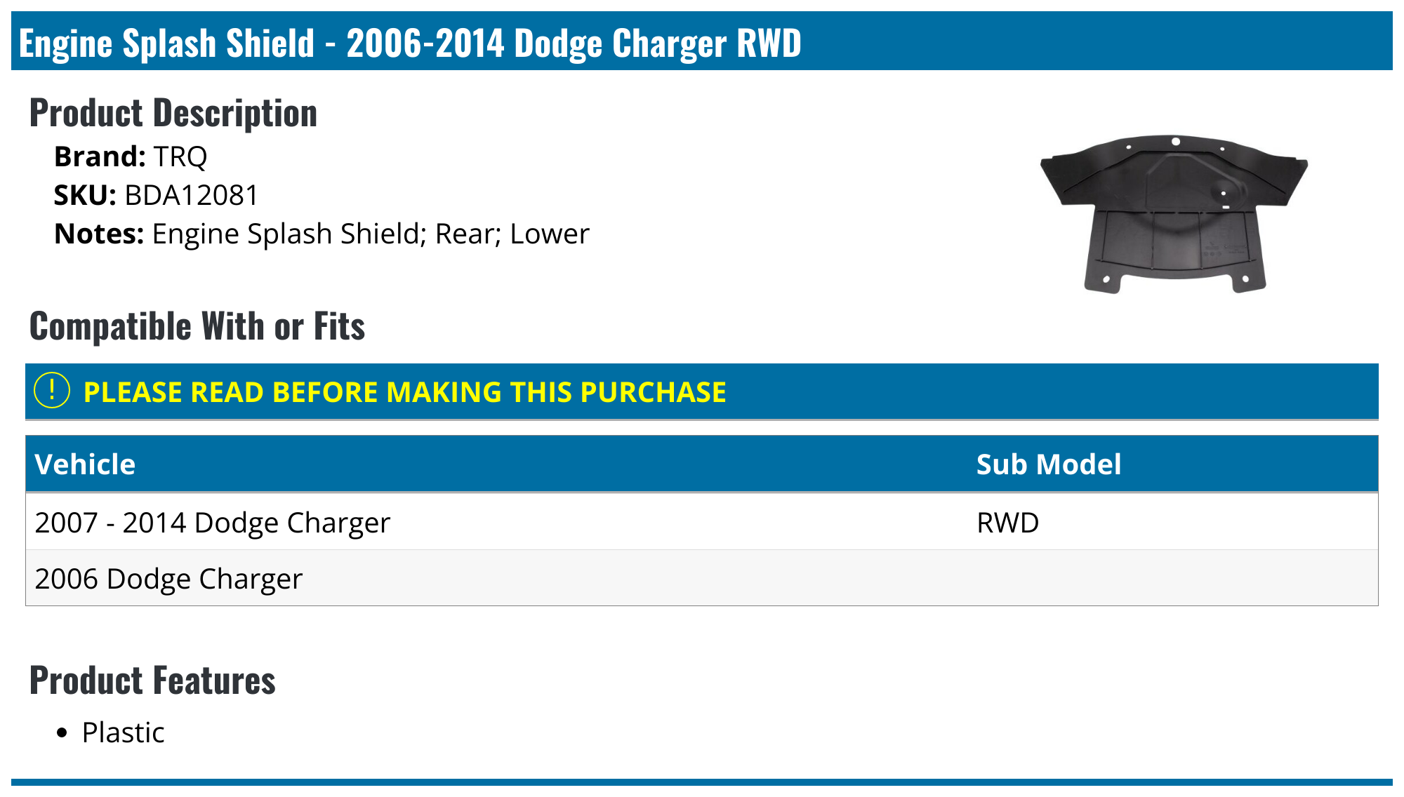 2006-2014 Dodge Charger Lower Engine Cover - TRQ BDA12081 - PartsGeek.com