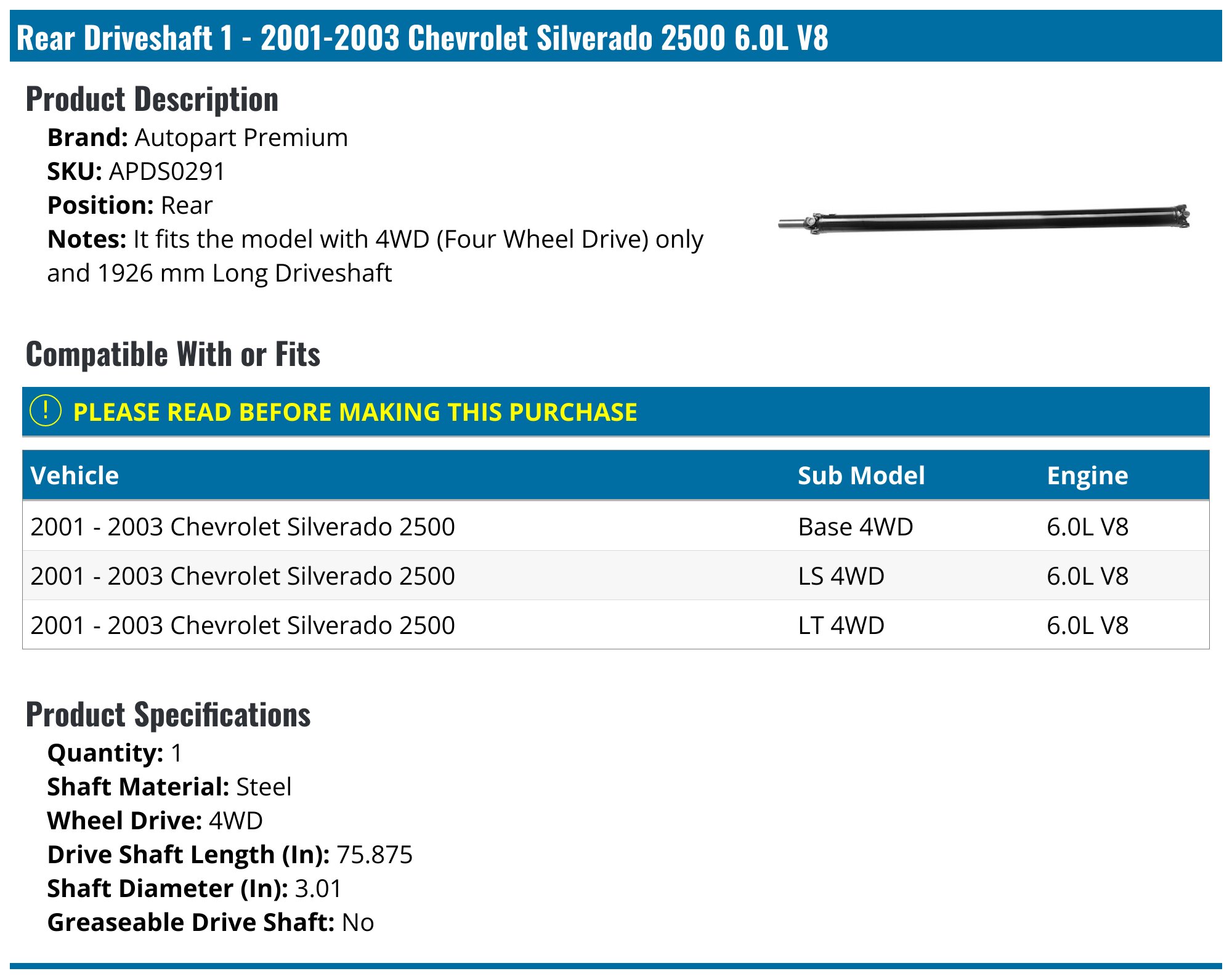 2001-2003 Chevrolet Silverado 2500 Drive Shaft - Autopart Premium ...