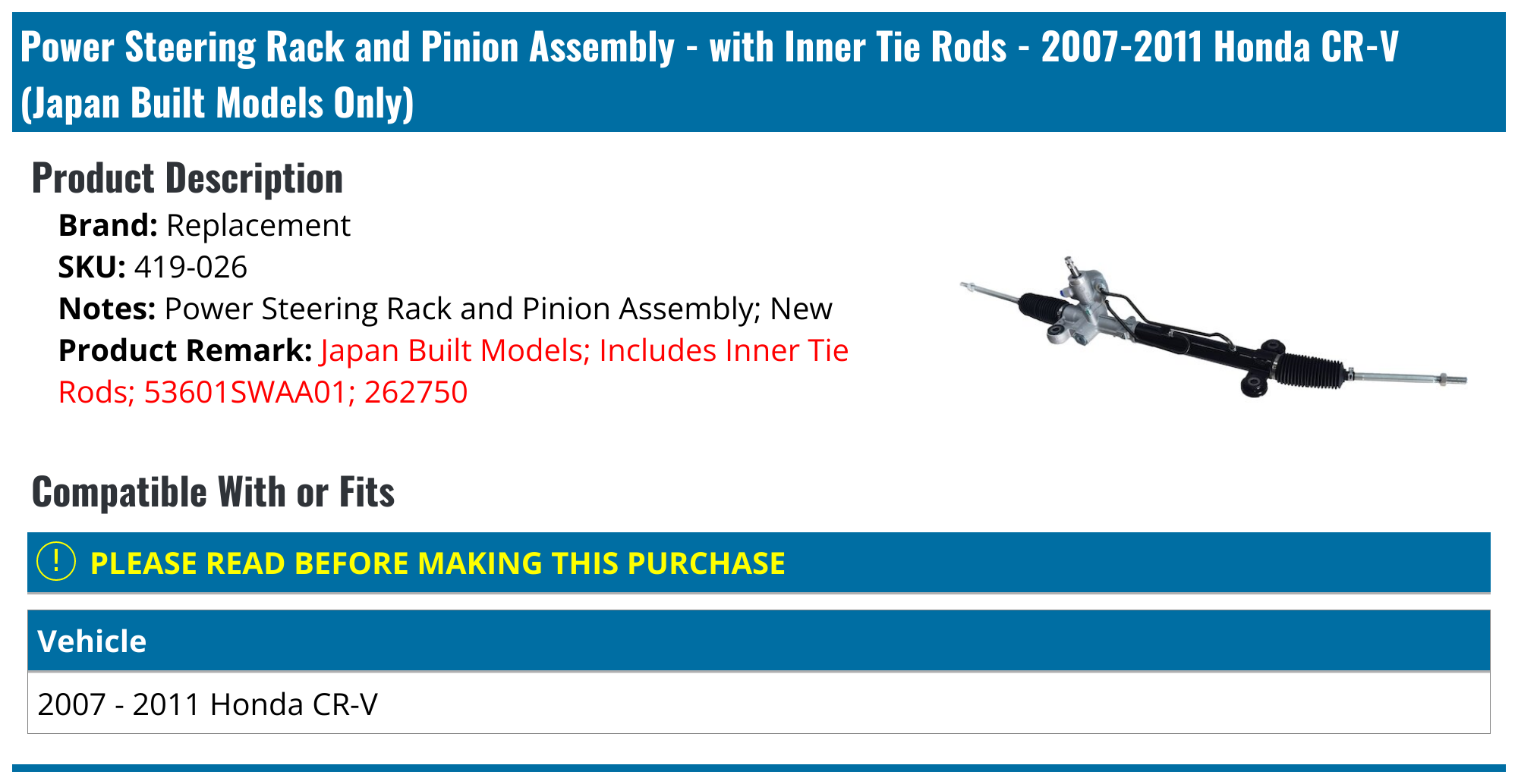 2007-2011 Honda CRV Steering Rack - Replacement 419-026 - PartsGeek.com