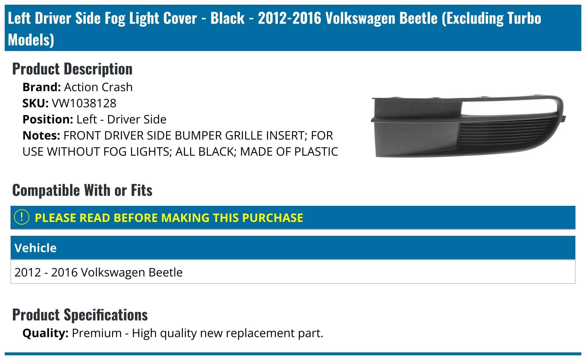 2012-2016 Volkswagen Beetle Fog Light Cover - Action Crash VW1038128 ...