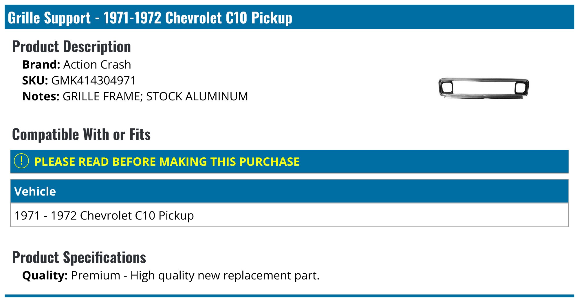 1971-1972 Chevrolet C10 Pickup Grille Support - Action Crash ...