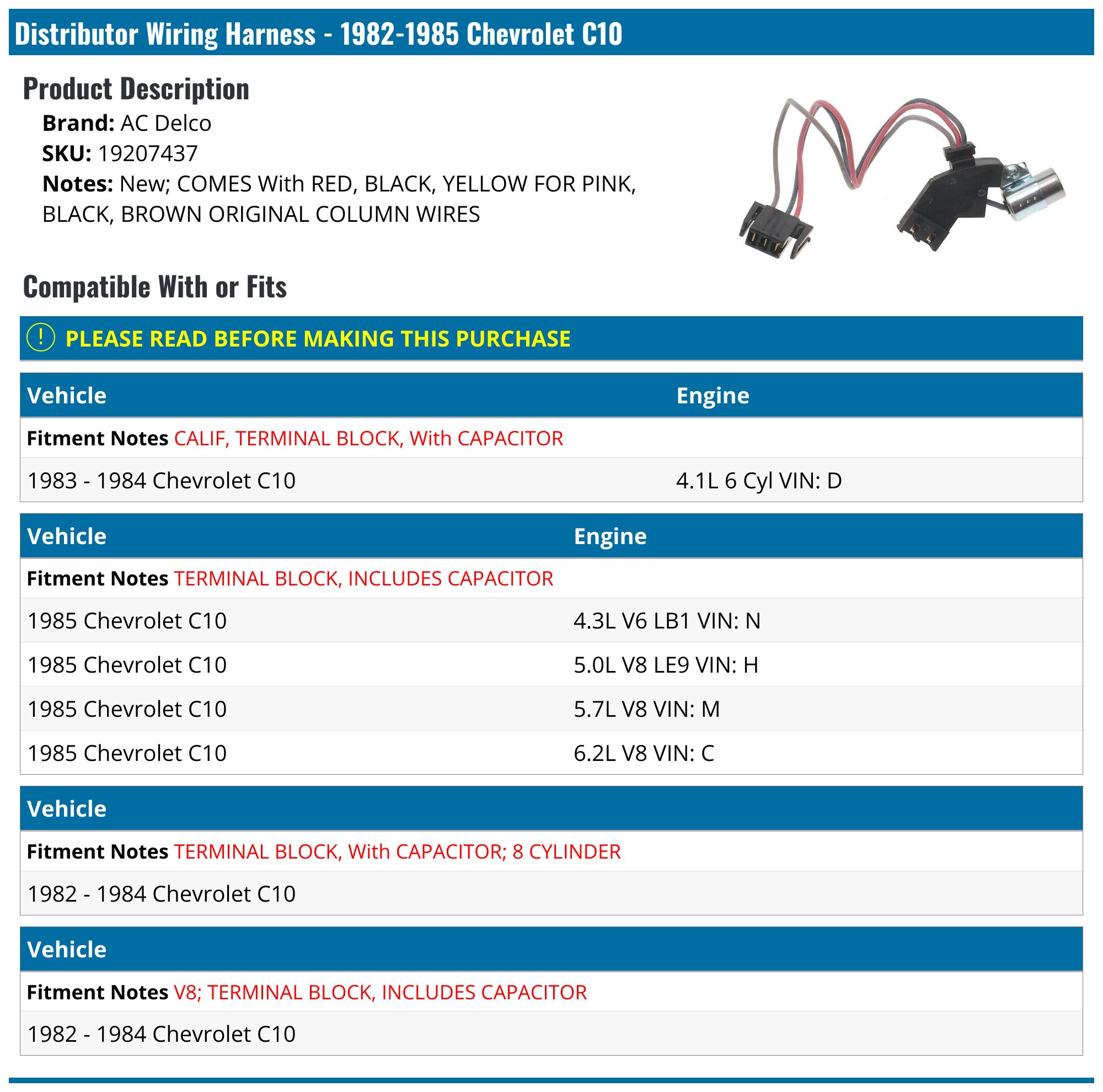 1982-1985 Chevrolet C10 Distributor Wiring Harness - AC Delco 19207437 ...